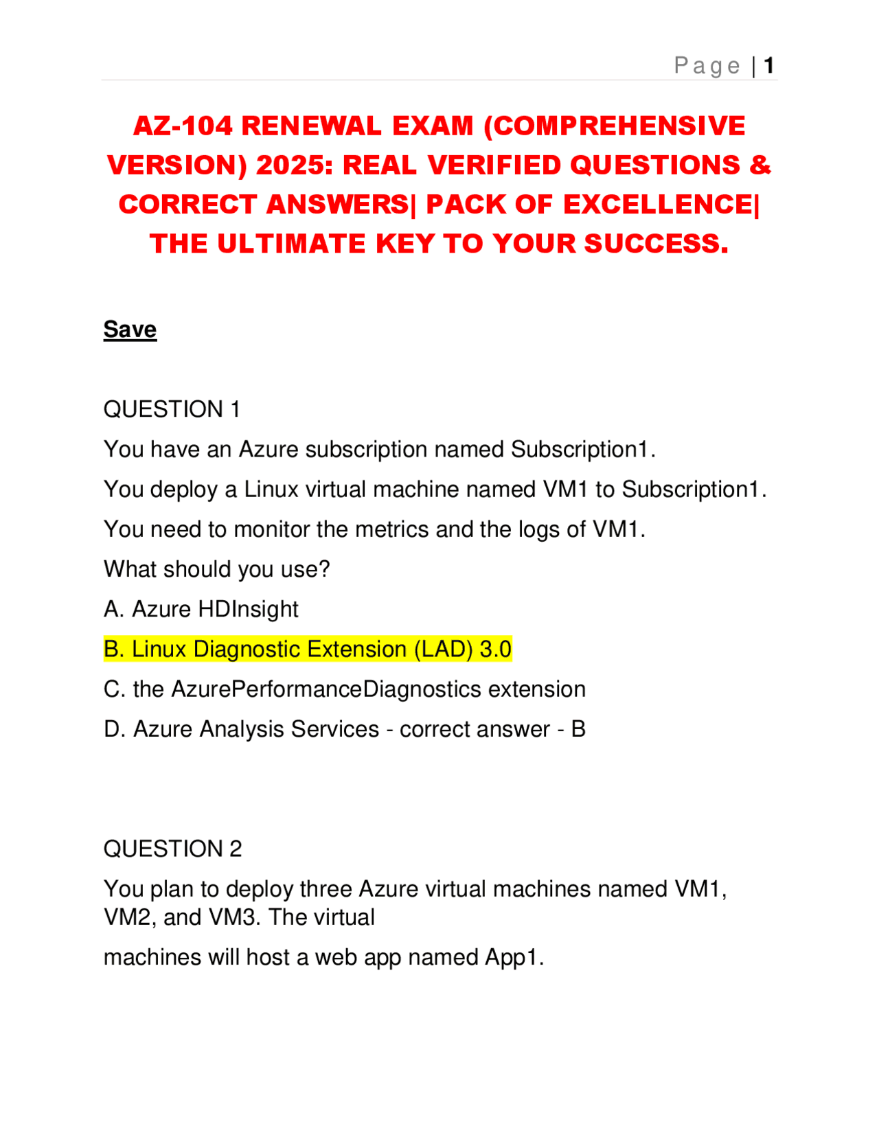 AZ-104 Renewal Exam (Comprehensive) 2025: Verified Questions & Answers ...