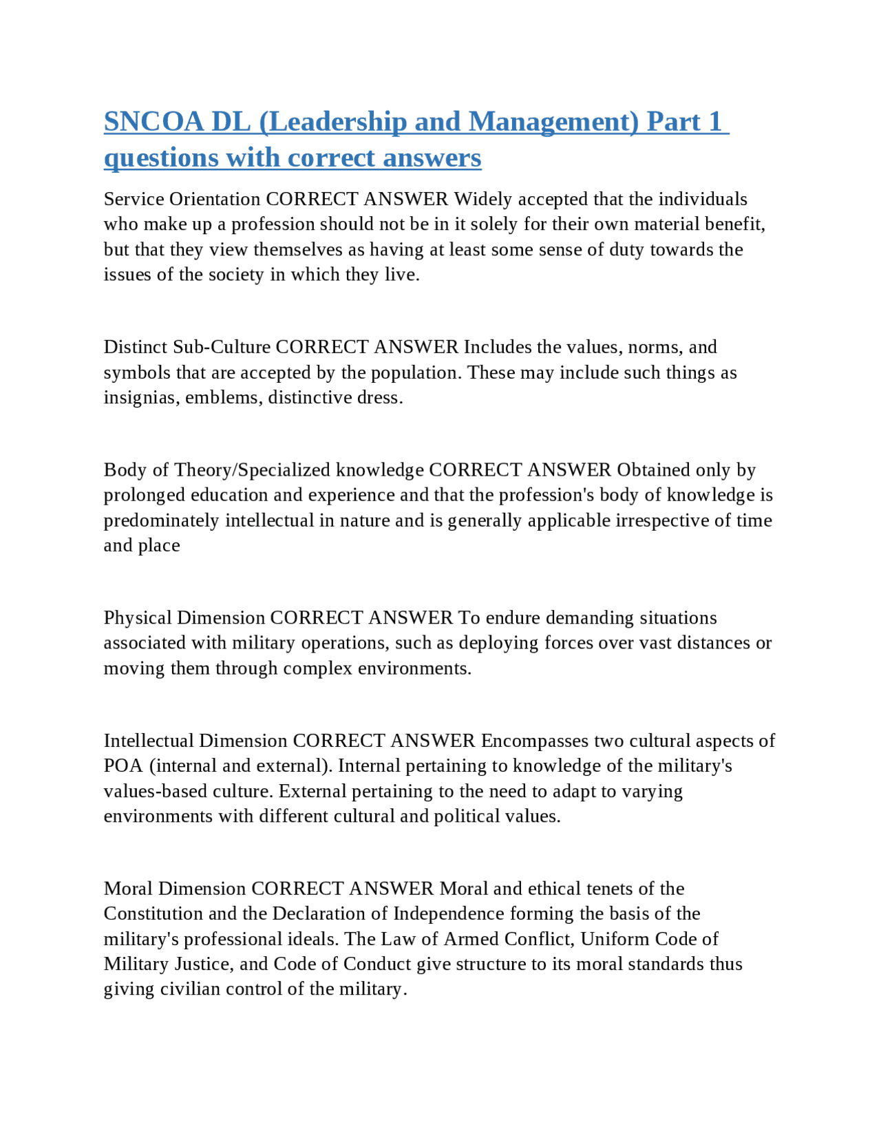 SNCOA DL (Leadership and Management) Part 1 questions with correct ...