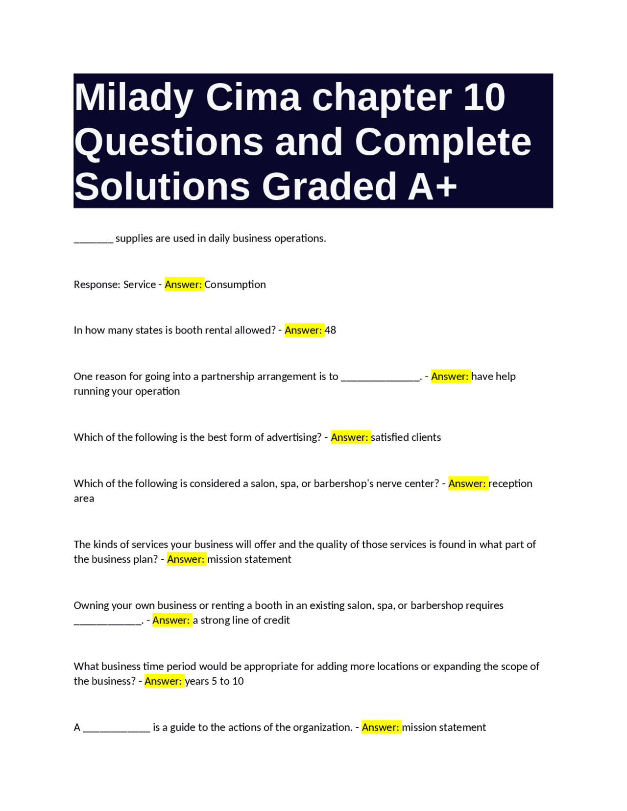 Milady Cima chapter 10 Questions and Complete Solutions Graded A+ ...