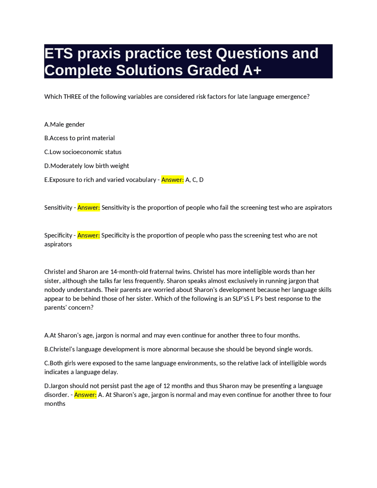 ETS praxis practice test Questions and Complete Solutions Graded A+ ...