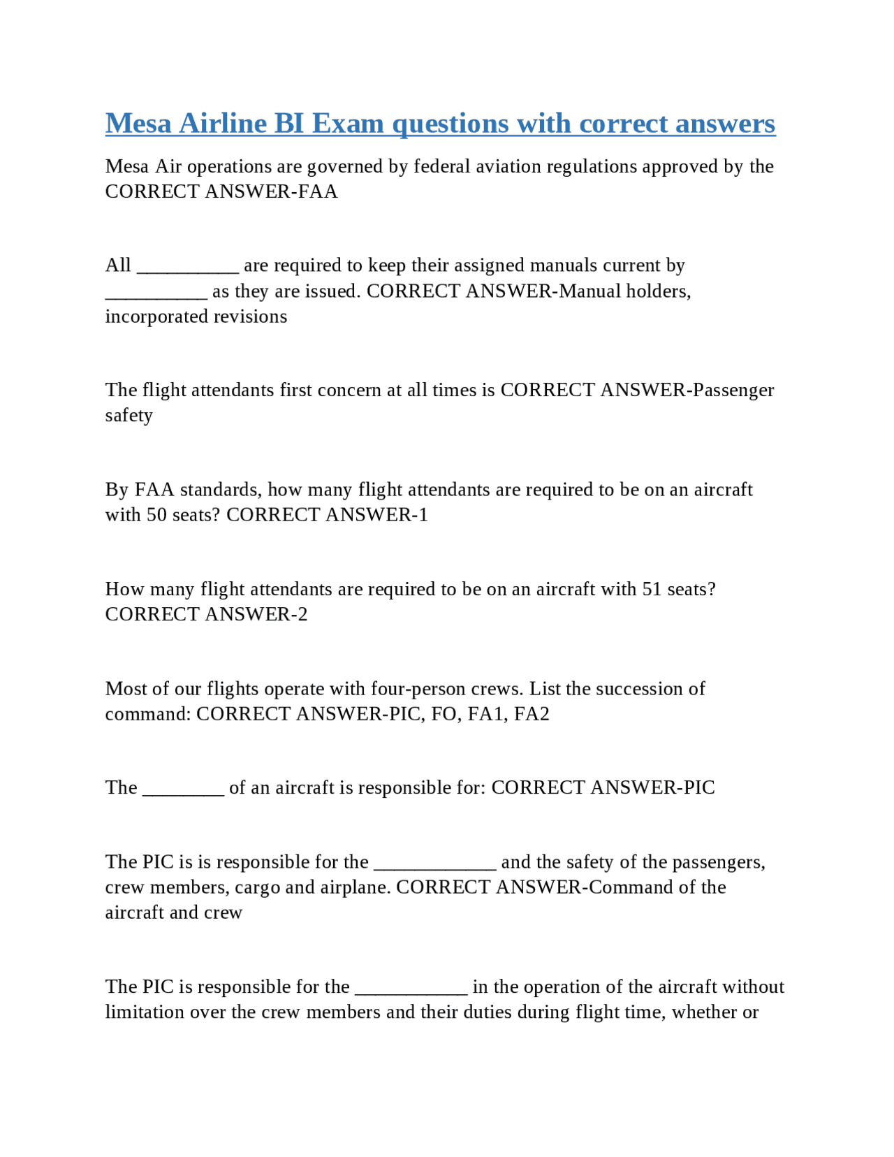 Mesa Airline BI Exam Questions and Answers | Exams Engineering | Docsity