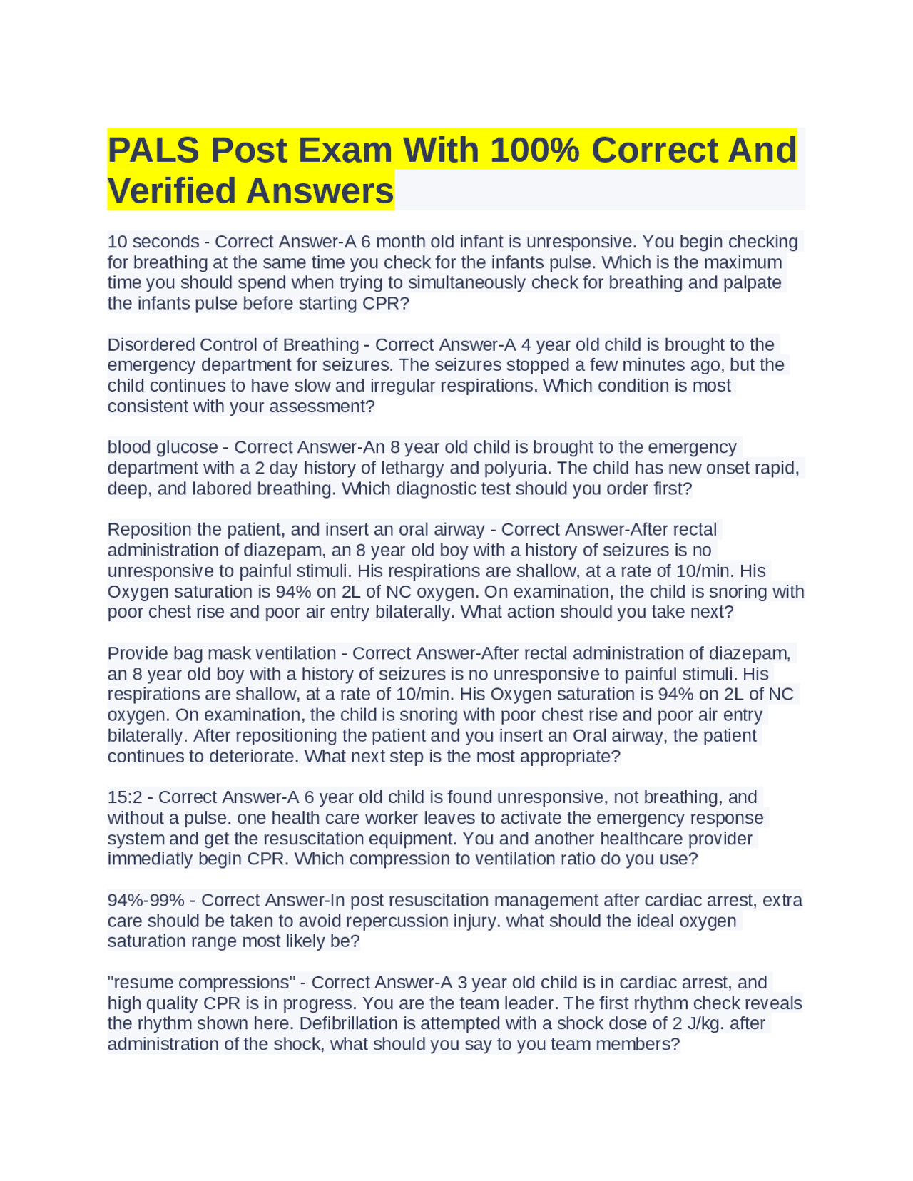 PALS Post Exam With 100% Correct And Verified Answers | Exams Advanced ...