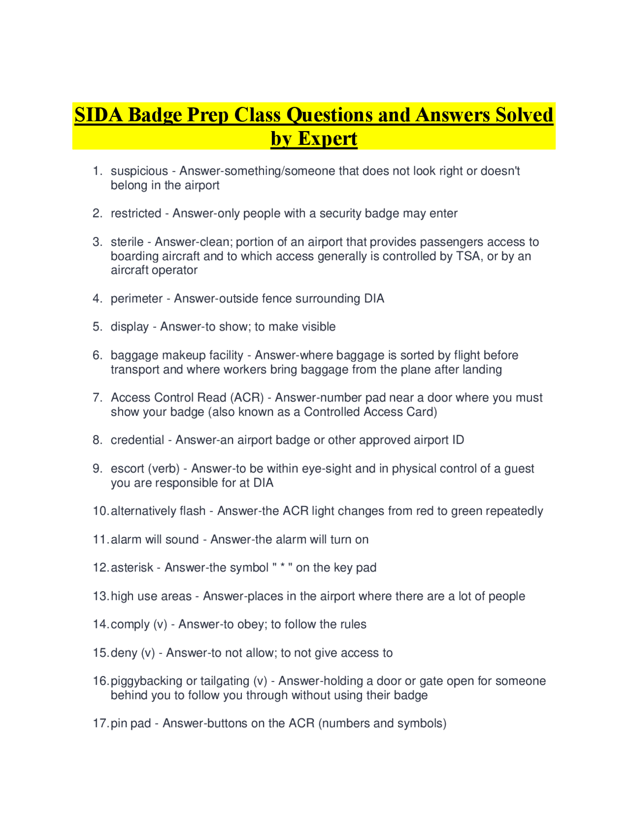 SIDA Badge Prep Class Questions and Answers Solved | Exams Nursing ...