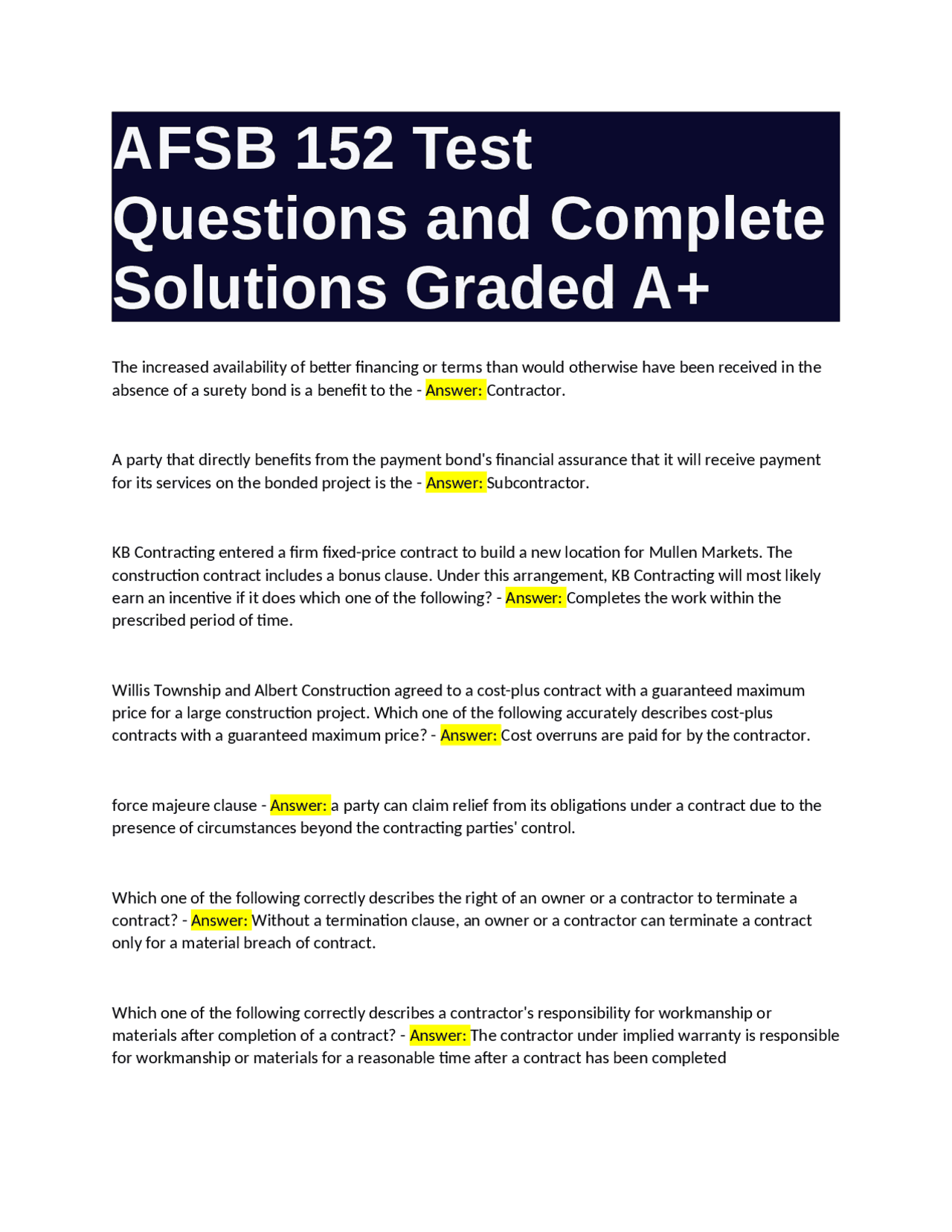 AFSB 152 Test Questions with Complete Solutions Graded A+ | Exams Law ...