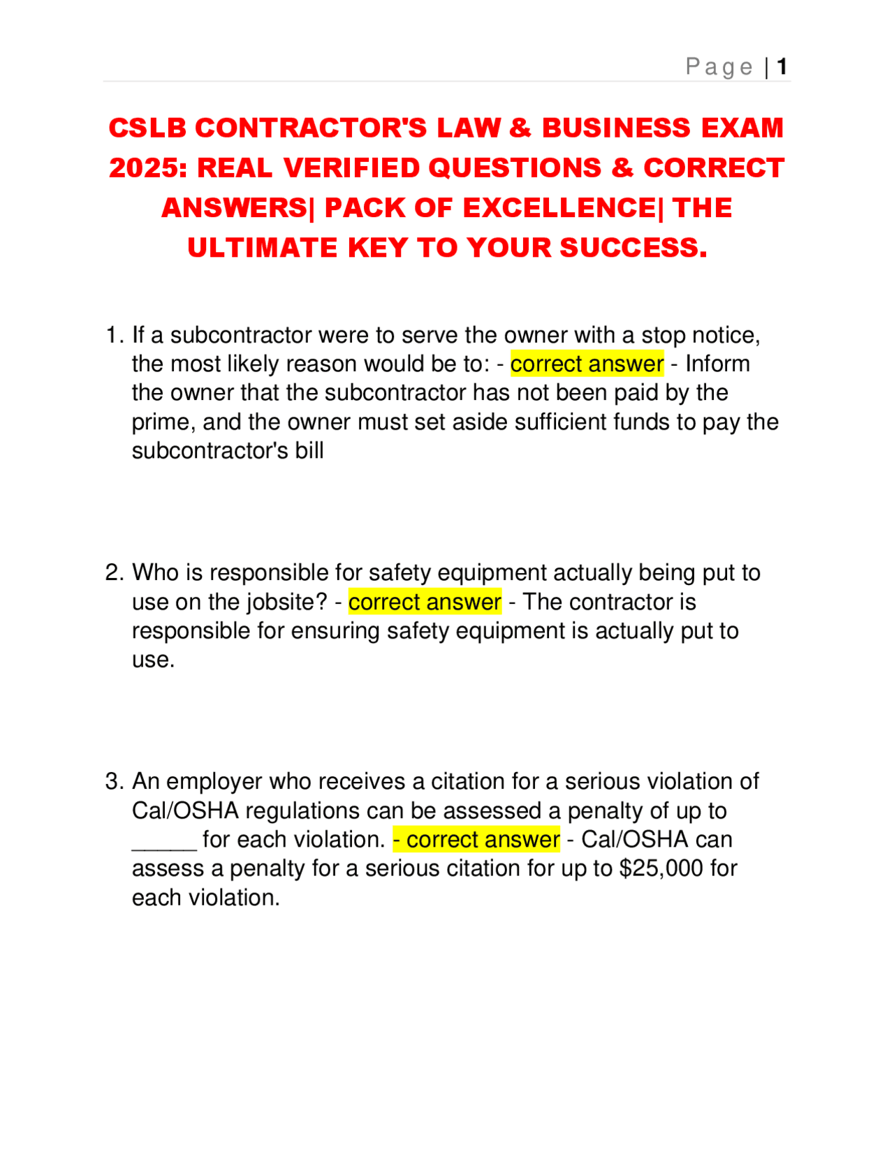 CSLB Contractor's Law & Business Exam: 2025 Real Verified Questions ...