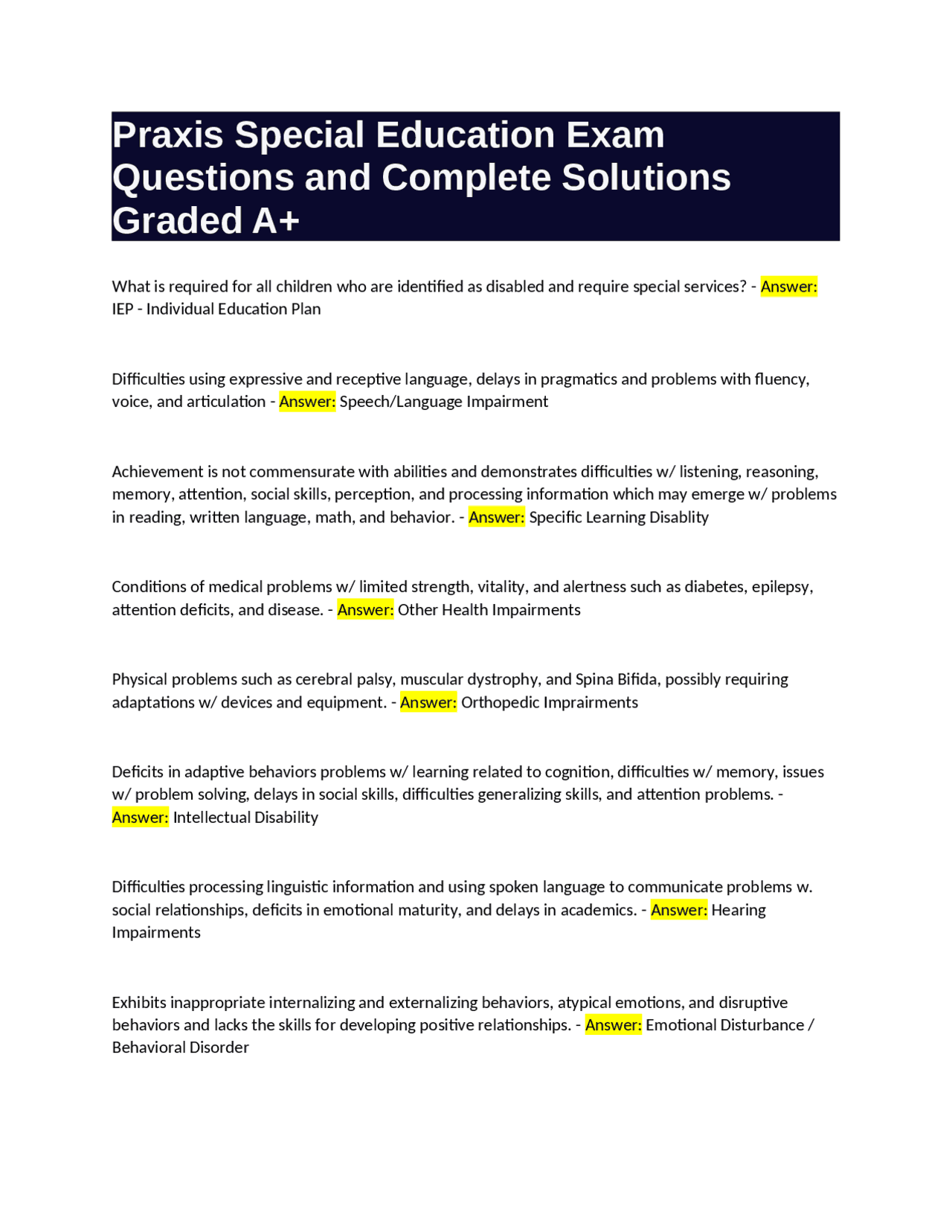 Praxis Special Education Exam Questions and Complete Solutions Graded ...