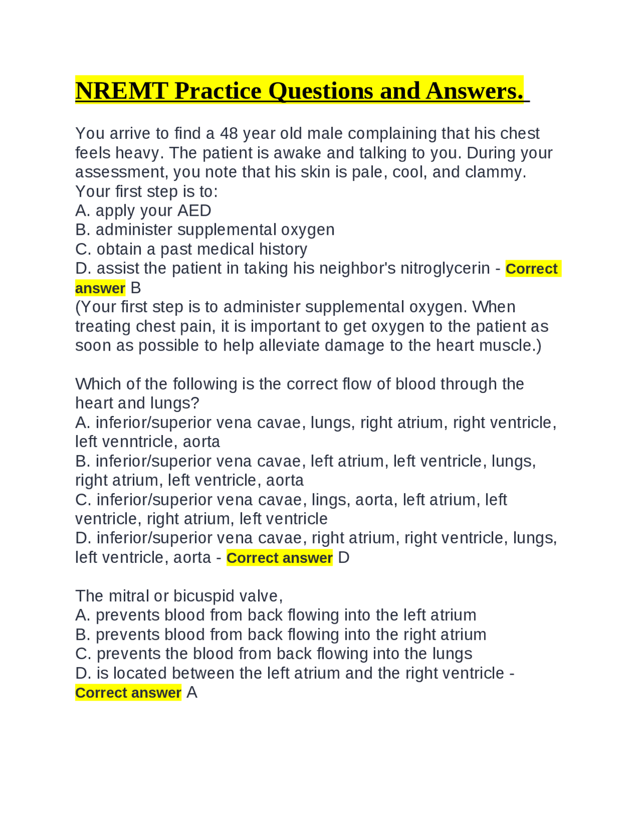 NREMT Practice Questions and Answers. | Exams Nursing | Docsity