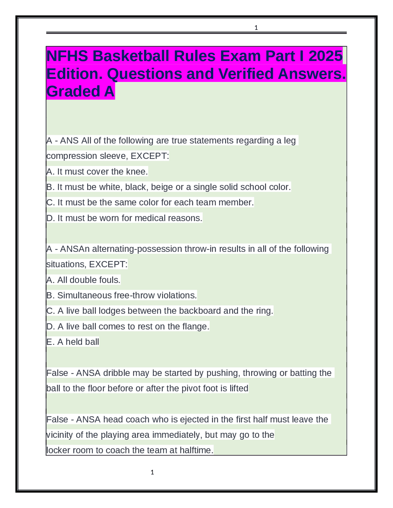 NFHS Basketball Rules Exam Part I 2025 Edition. Questions and Verified ...