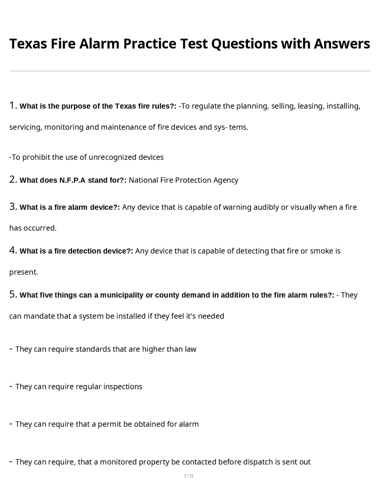 Texas Fire Alarm Practice Test Questions and Answers | Exams Safety and ...