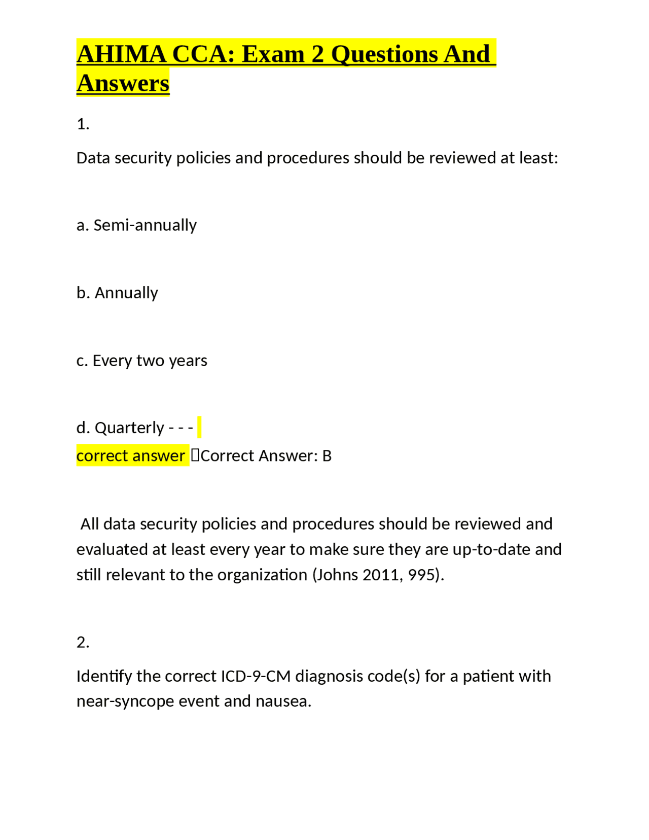AHIMA CCA Exam 2 Questions and Answers: Data Security, Coding, and ...