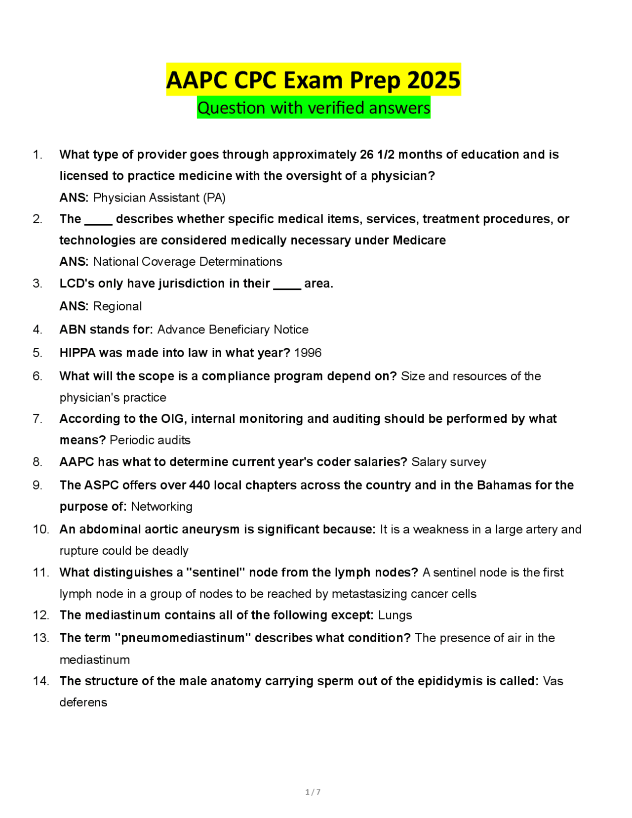 AAPC CPC Exam Prep 2025: Multiple Choice Questions and Answers | Exams Nursing | Docsity