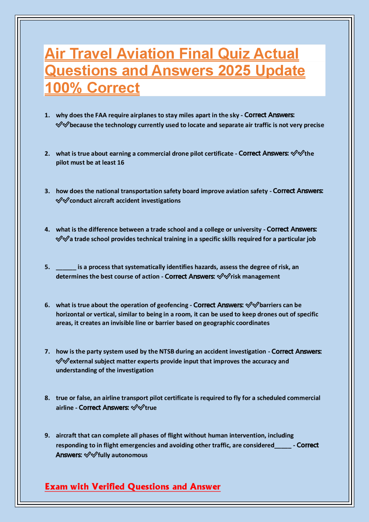 Air Travel Aviation Final Quiz Actual Questions and Answers 2025 Update ...