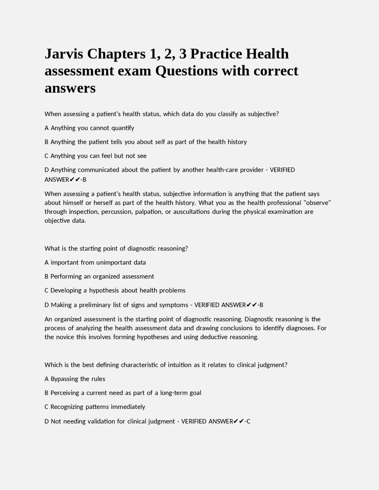 Jarvis Chapters 1, 2, 3 Practice Health assessment exam Questions with ...