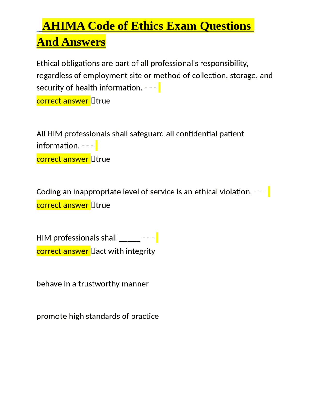 AHIMA Code of Ethics Exam Questions And Answers | Exams Ethics | Docsity