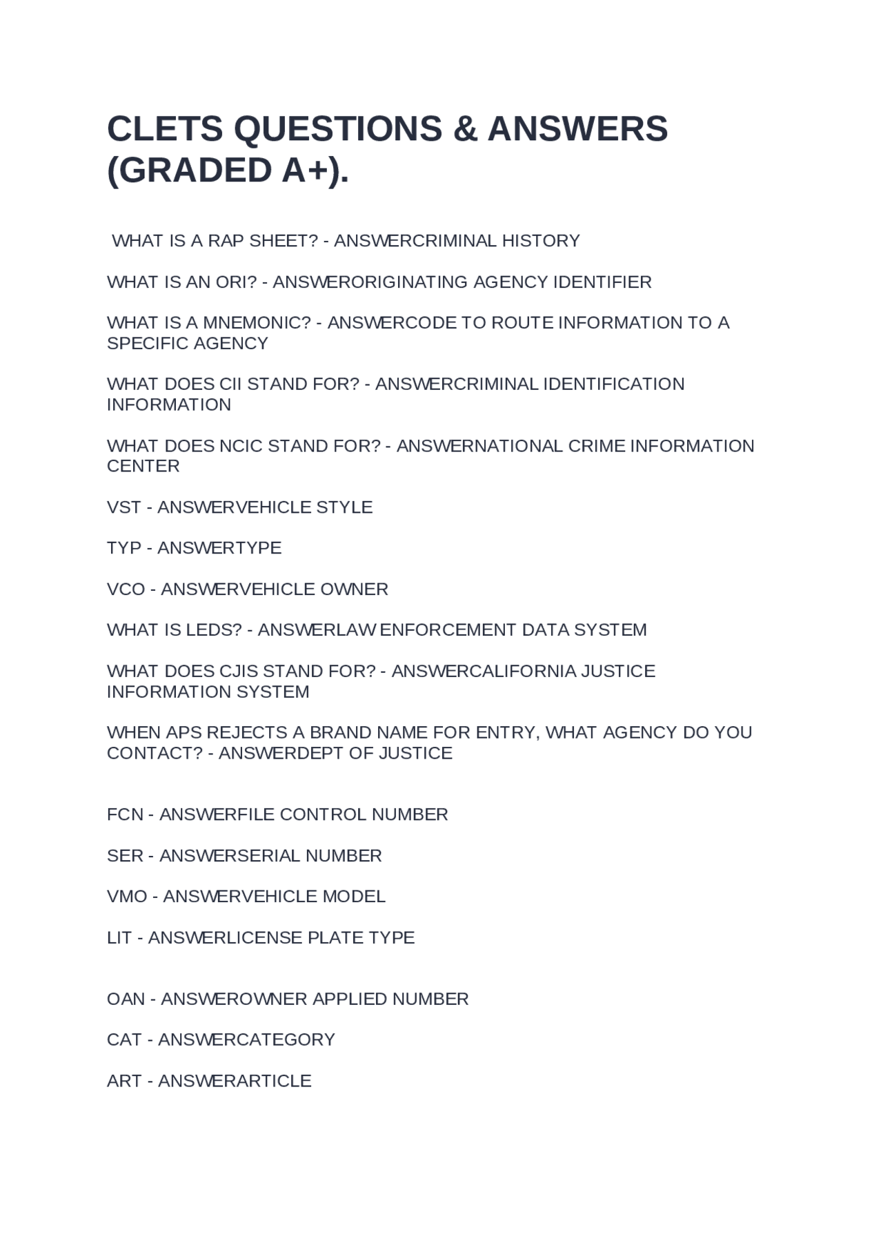 CLETS QUESTIONS & ANSWERS (GRADED A+). | Exams Commercial Law | Docsity