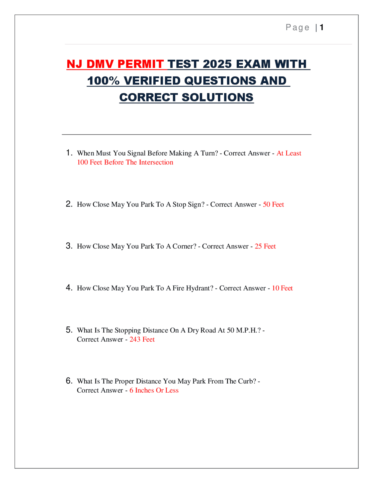 NJ DMV PERMIT TEST 2025 EXAM WITH 100% VERIFIED QUESTIONS AND CORRECT ...