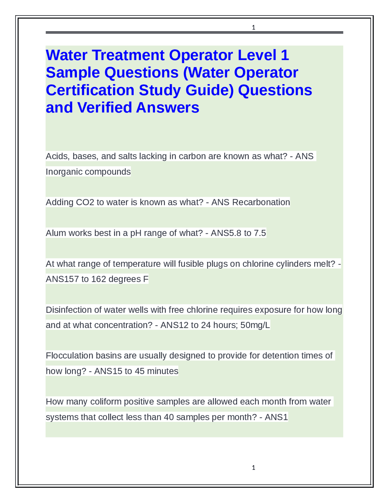 Water Treatment Operator Level 1 Sample Questions and Answers | Exams ...