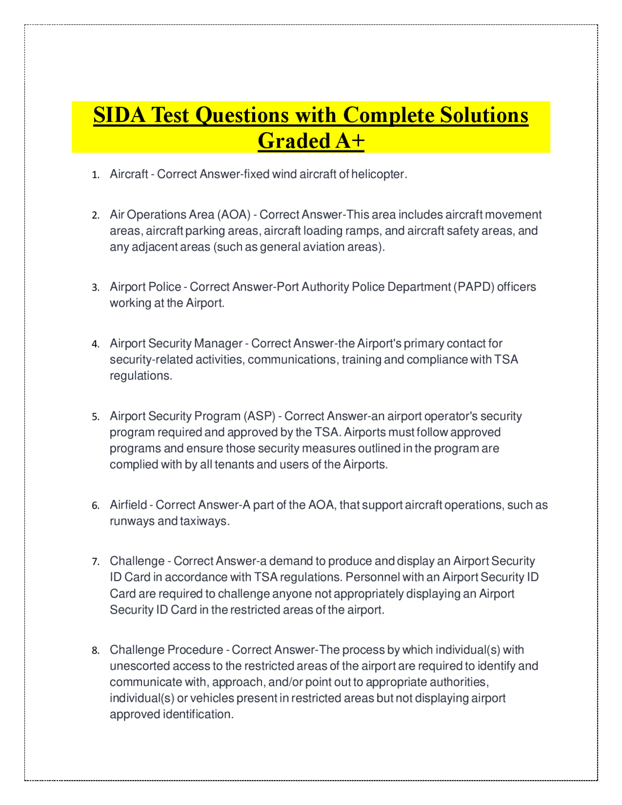 SIDA Test Questions with Complete Solutions Graded A+ | Exams Nursing ...