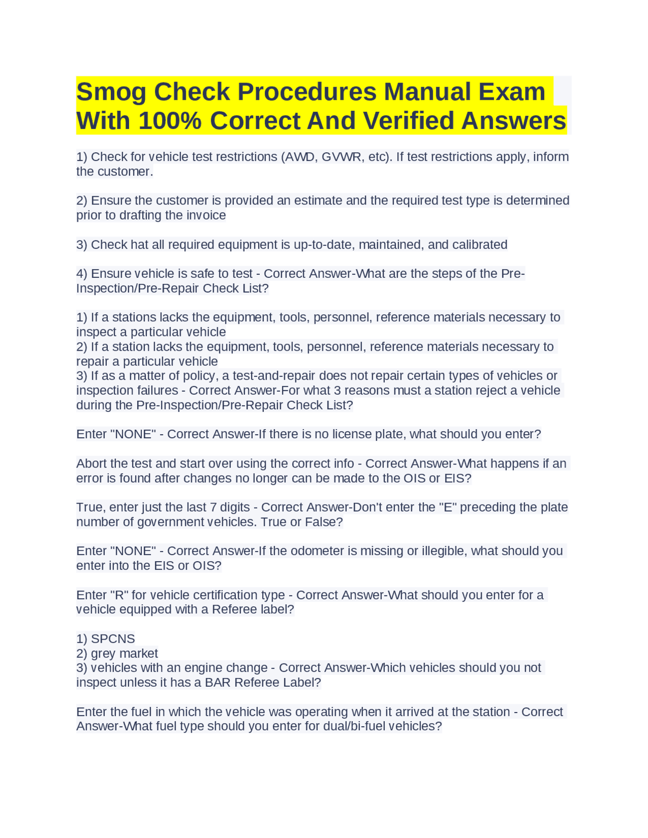 Smog Check Procedures Manual Exam With 100% Correct And Verified ...
