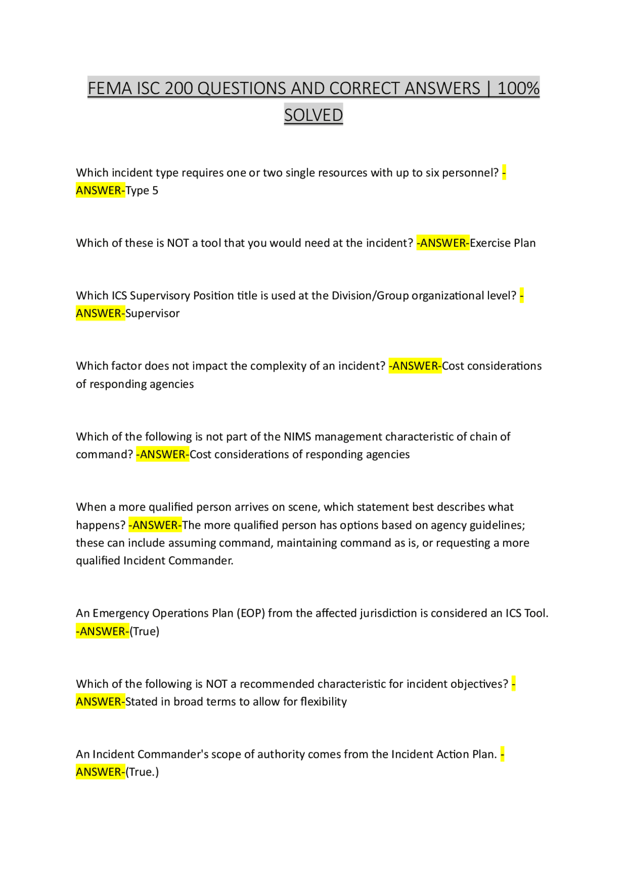 FEMA ISC 200 Questions and Answers: Incident Command System (ICS ...