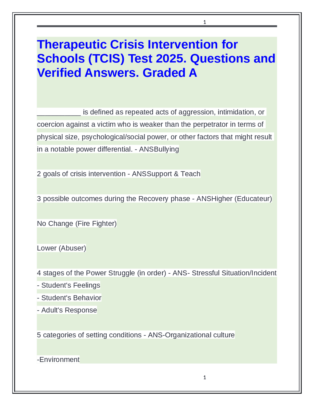 Therapeutic Crisis Intervention for Schools (TCIS) Test 2025. Questions ...