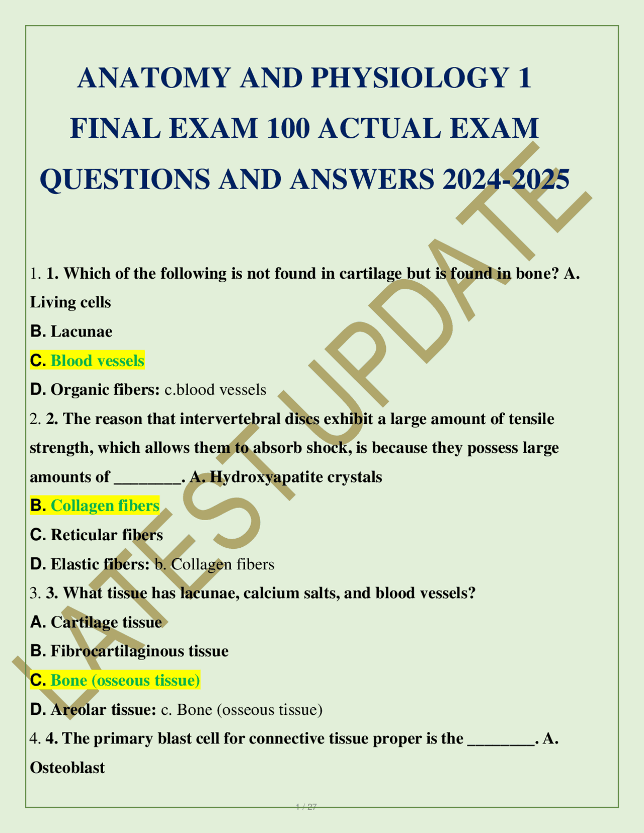 Anatomy and Physiology 1 Final Exam Questions and Answers 2024-2025 | Exams Nursing | Docsity