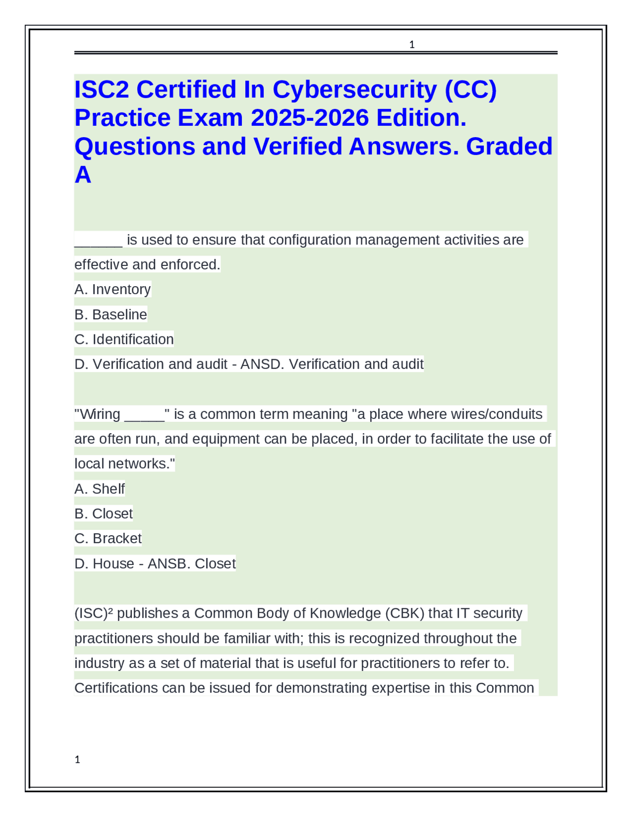 ISC2 Certified In Cybersecurity (CC) Practice Exam 2025-2026 Edition ...