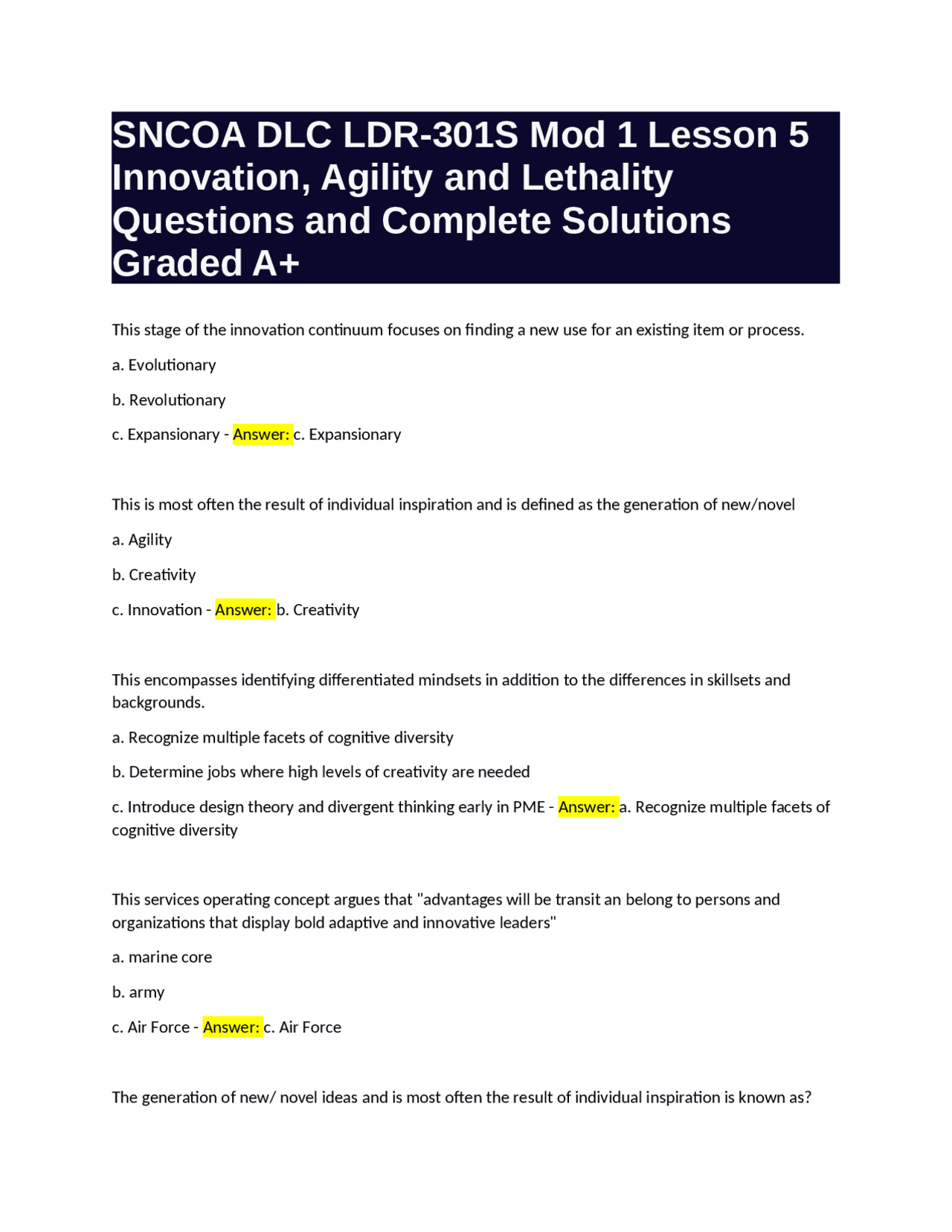 SNCOA DLC LDR-301S Mod 1 Lesson 5: Innovation, Agility, and Lethality ...