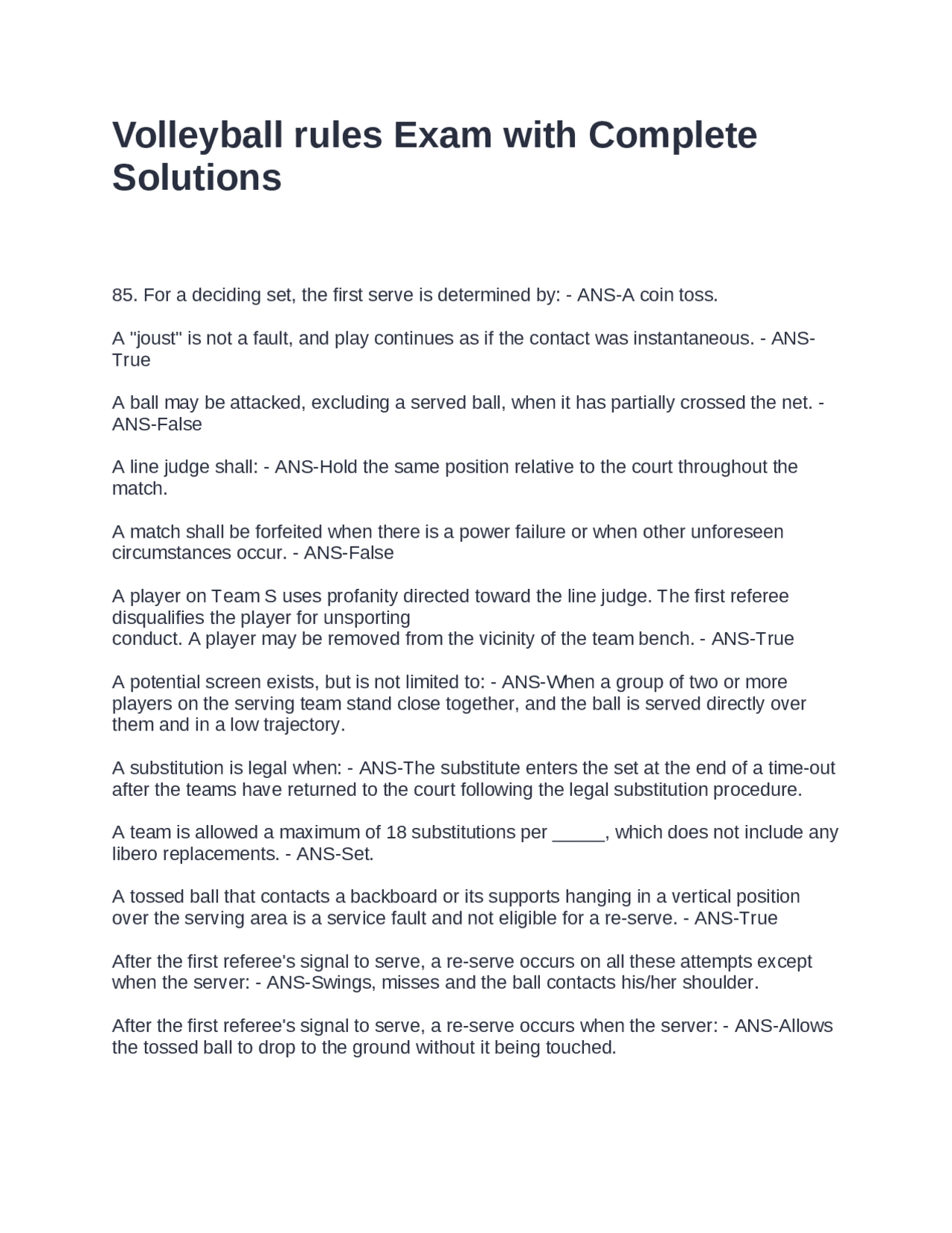 Volleyball Rules Exam with Complete Solutions | Exams Advanced ...