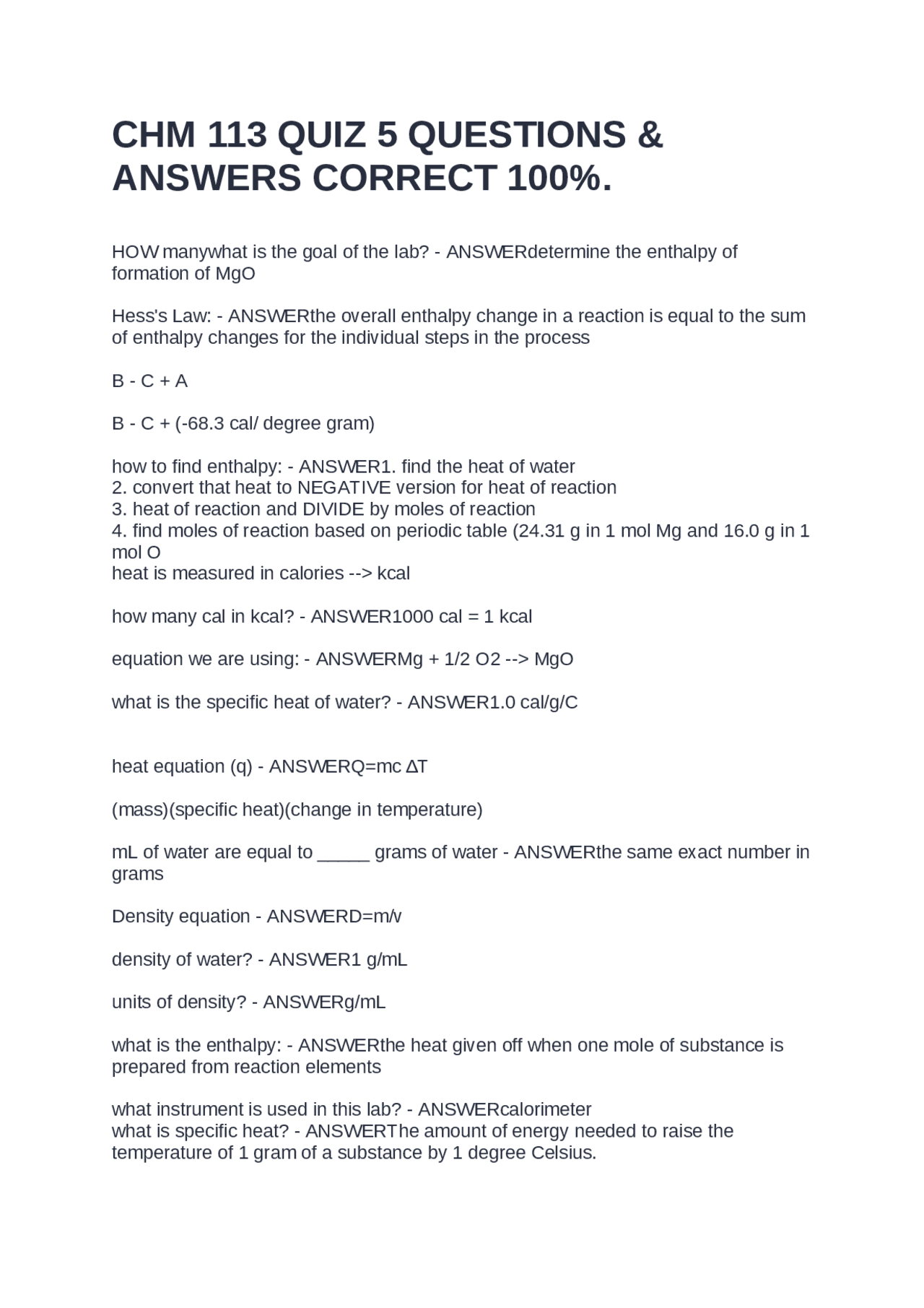 CHM 113 QUIZ 5 QUESTIONS & ANSWERS CORRECT 100%. | Exams Chemistry ...