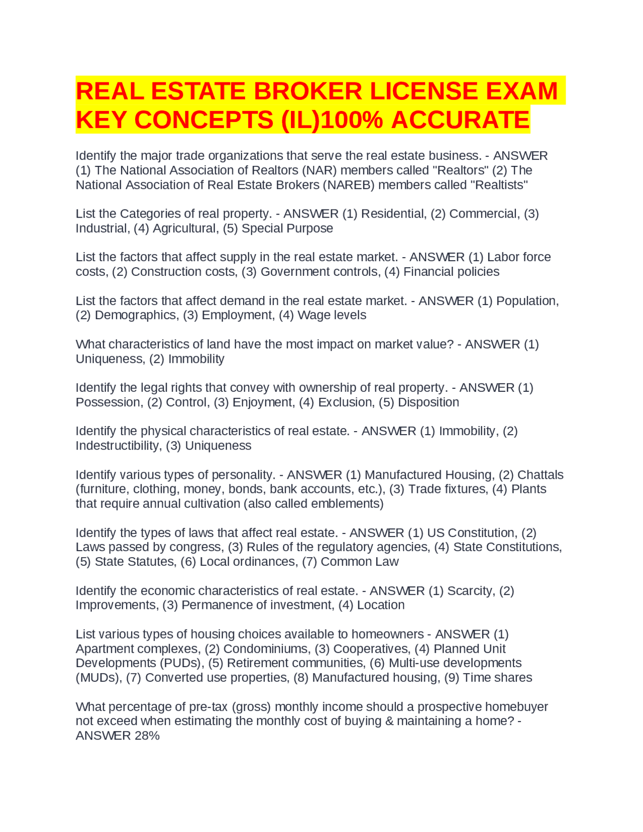 REAL ESTATE BROKER LICENSE EXAM KEY CONCEPTS (IL)100% ACCURATE | Exams ...