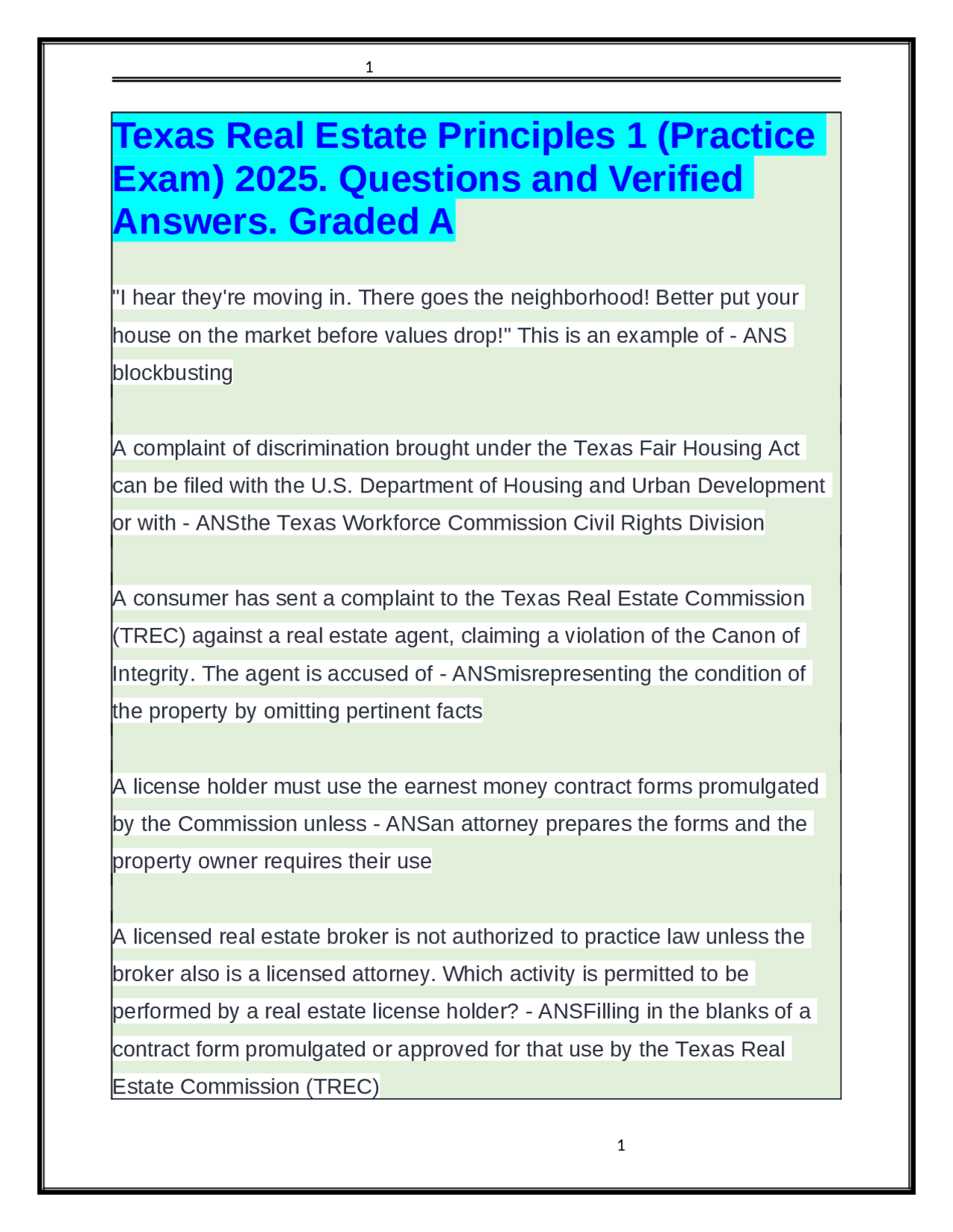 Texas Real Estate Principles 1 (Practice Exam) 2025. Questions ...
