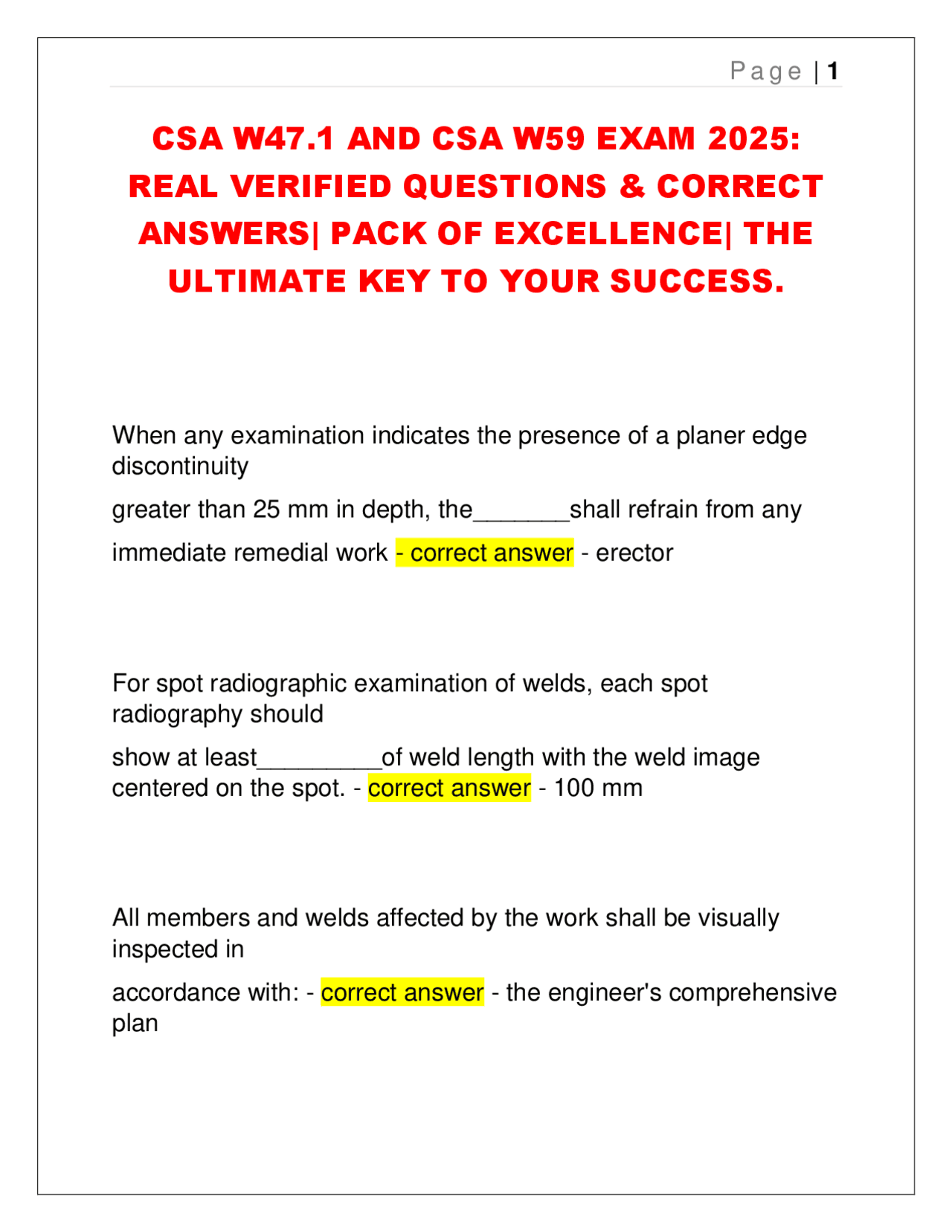 CSA W47.1 and CSA W59 Exam 2025: Real Verified Questions and Answers | Exams Welding ...