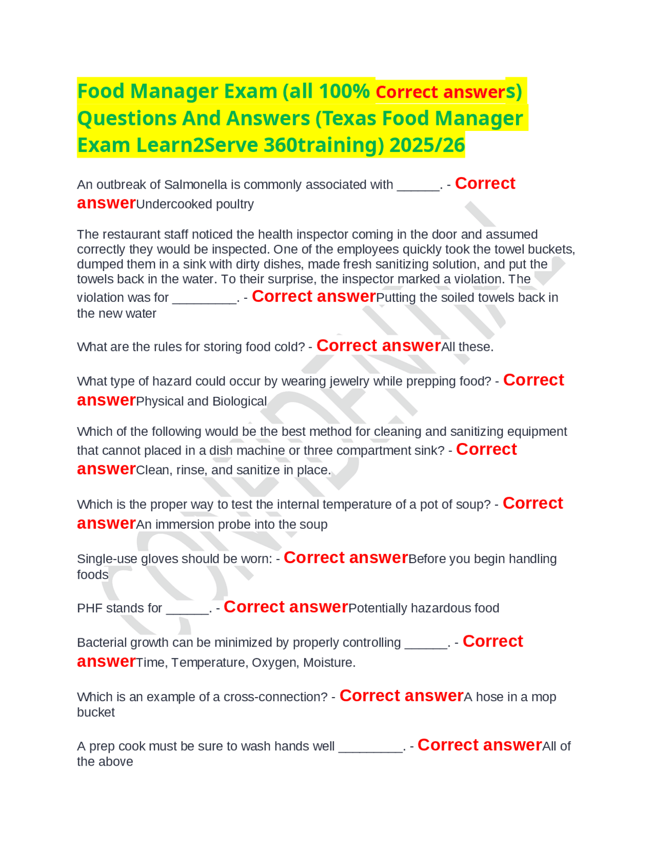 Food Manager Exam (all 100% Correct answers) Questions And Answers ...