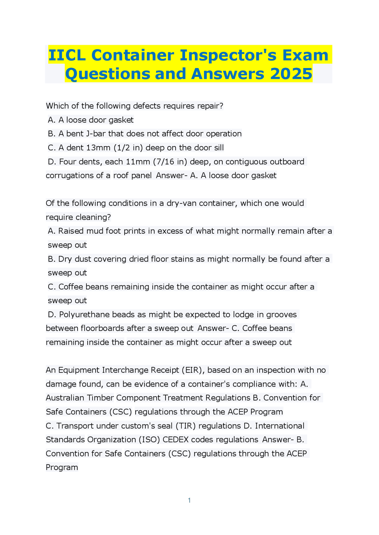 IICL Container Inspector's Exam Questions and Answers 2025 | Exams ...