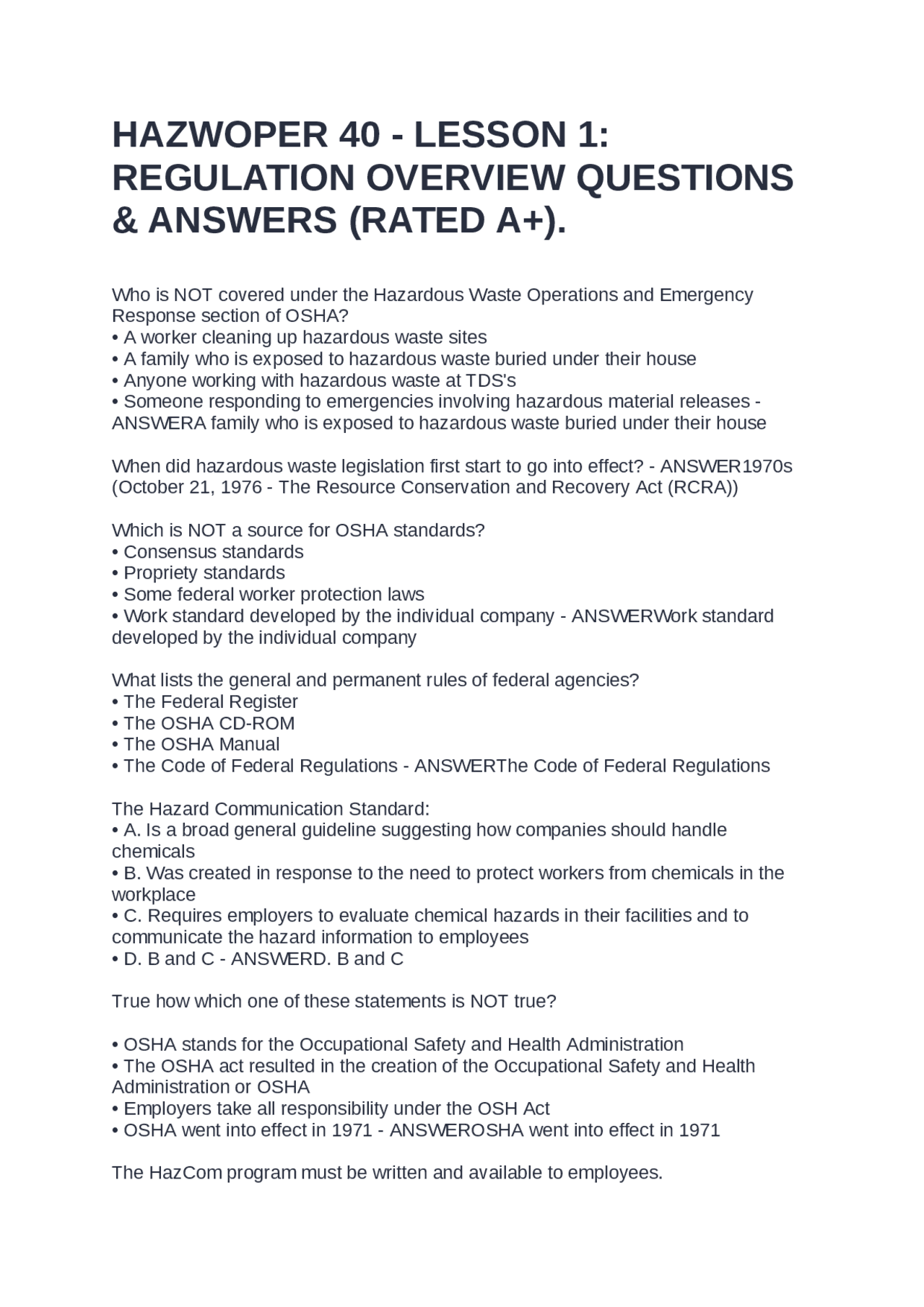 HAZWOPER 40 - LESSON 1: REGULATION OVERVIEW QUESTIONS & ANSWERS (RATED ...