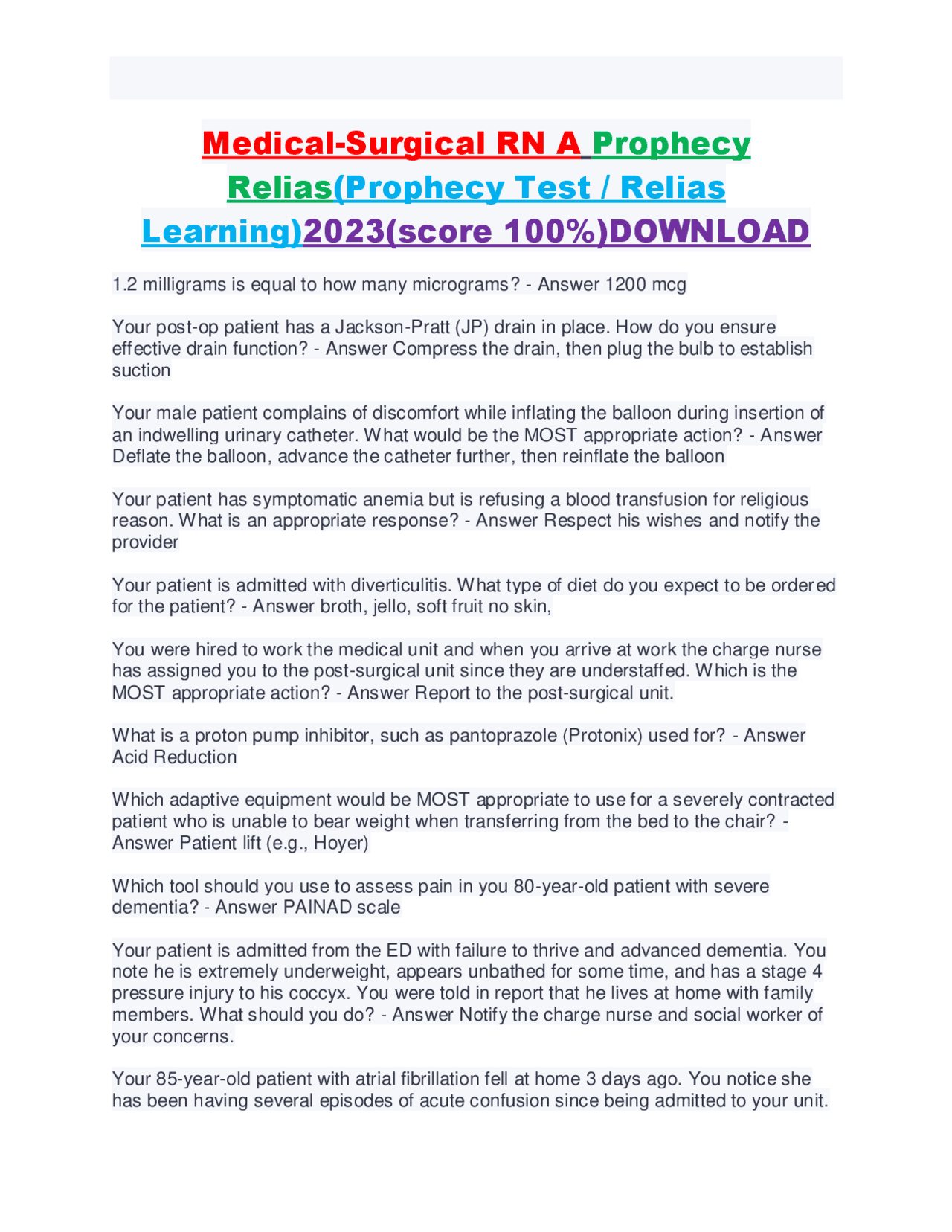 Medical-Surgical RN A Prophecy Relias(Prophecy Test / Relias Learning ...