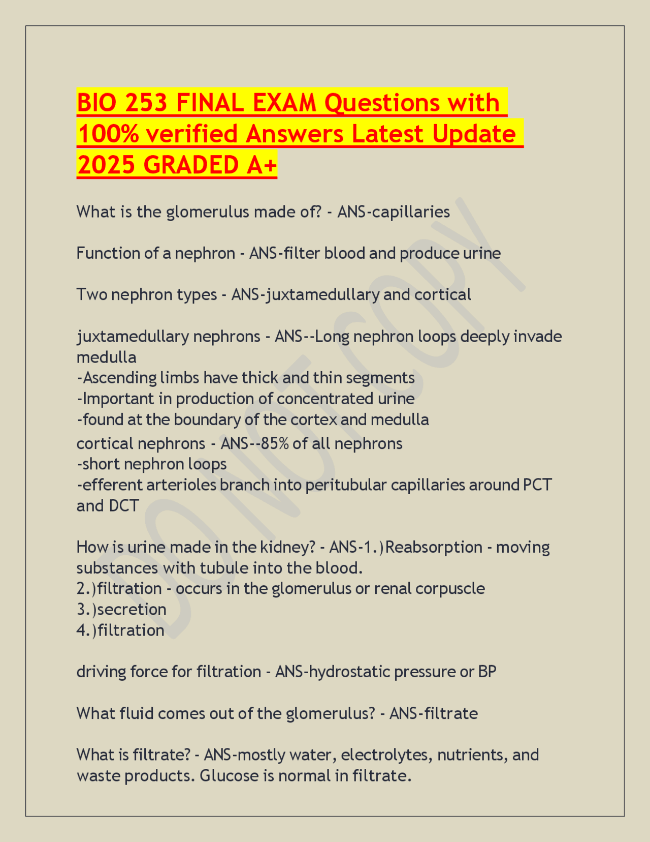 BIO 253 FINAL EXAM Questions with 100% verified Answers Latest Update ...