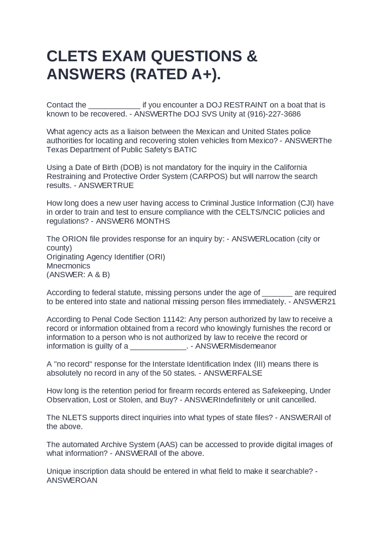 CLETS EXAM QUESTIONS & ANSWERS (RATED A+). | Exams Commercial Law | Docsity