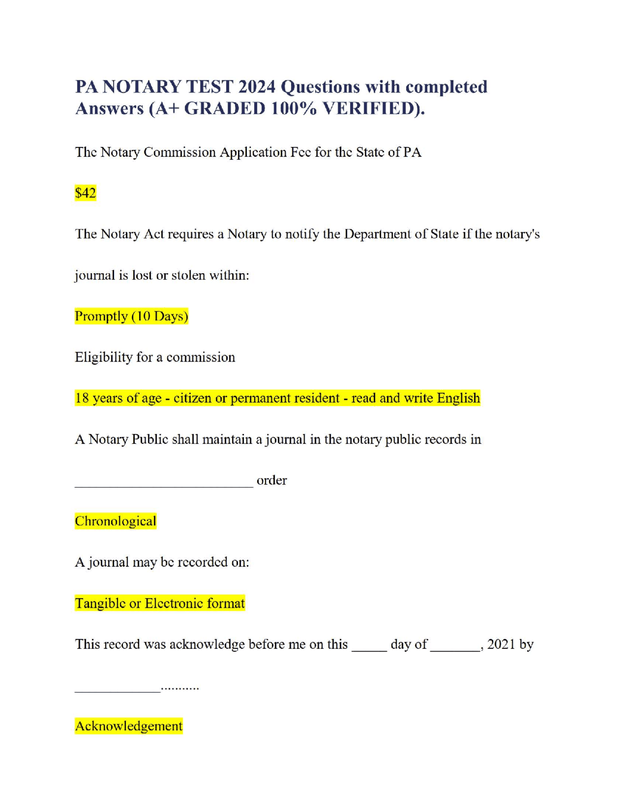 PA NOTARY TEST 2024 Questions with completed Answers (A+ GRADED 100% ...