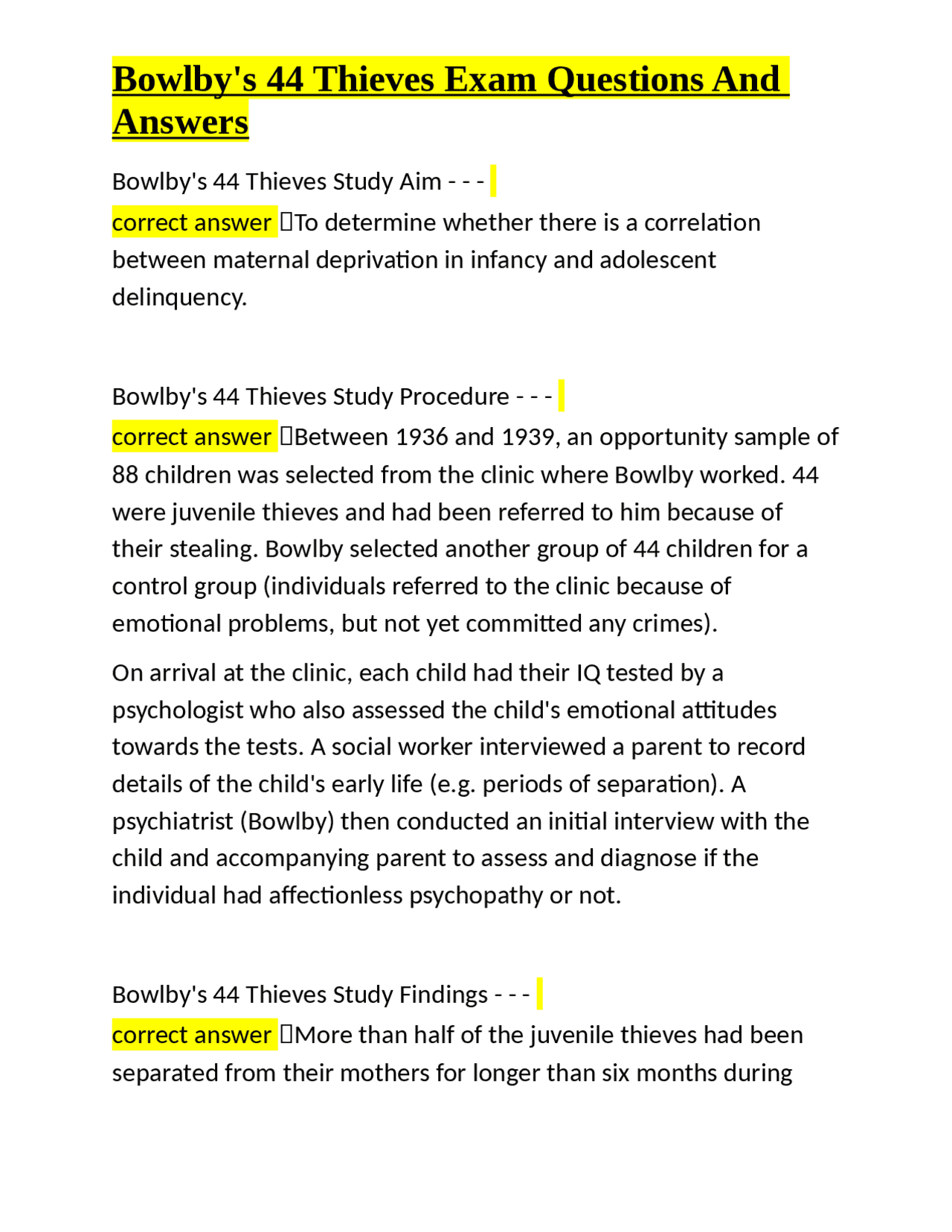Bowlby's 44 Thieves Study: Exam Questions and Answers | Exams ...