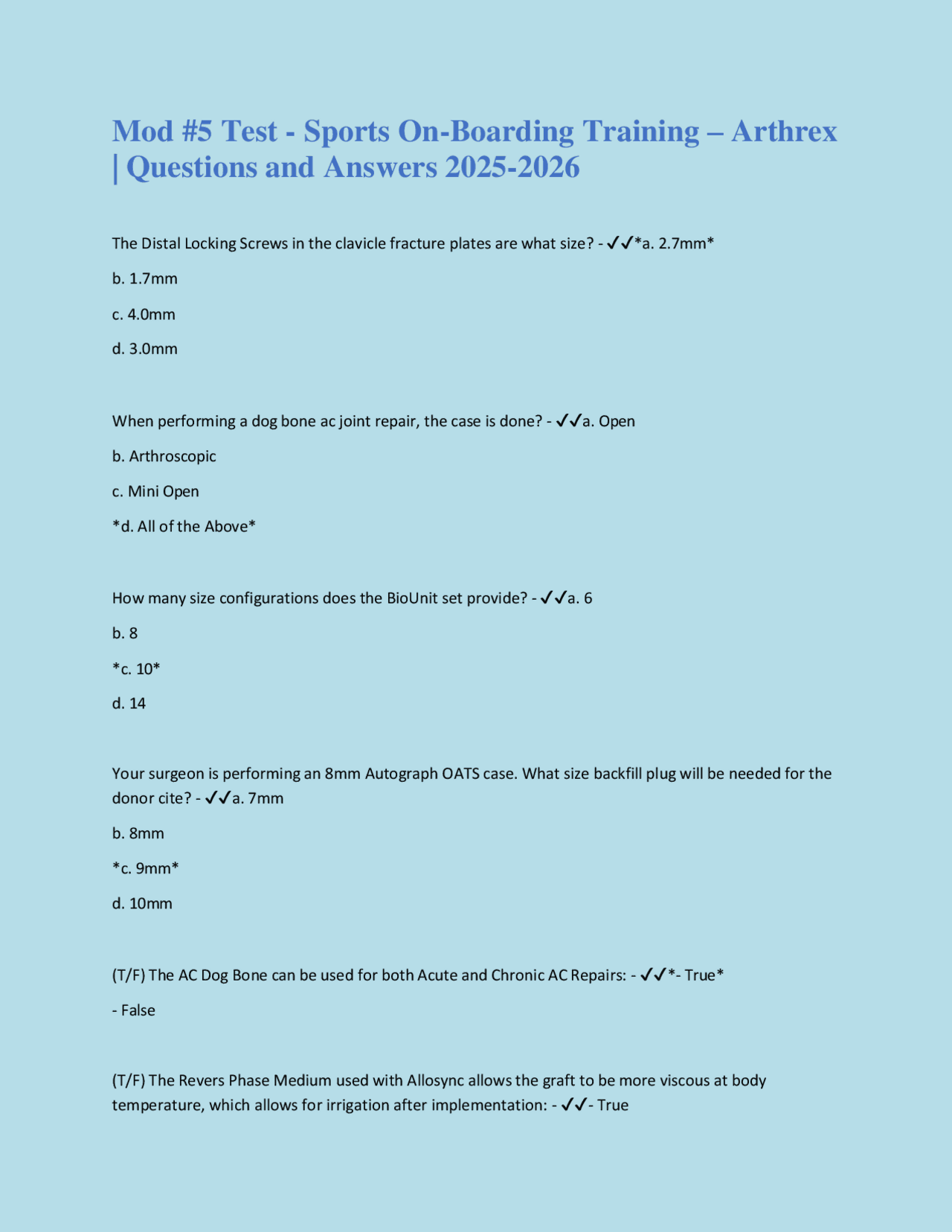 Mod #5 Test - Sports On-Boarding Training – Arthrex | Questions and ...