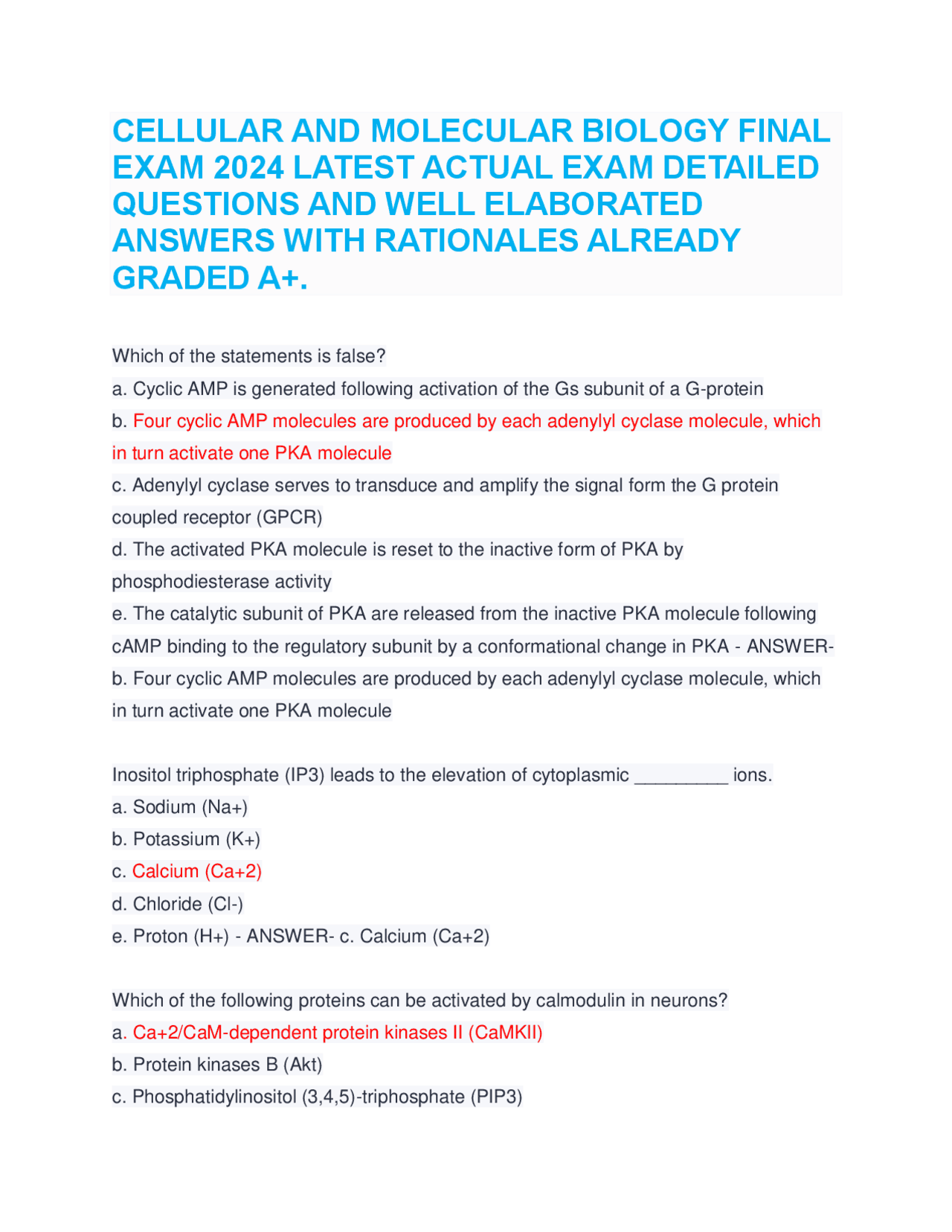 Cellular & Molecular Biology Final Exam 2024: Questions & Answers ...