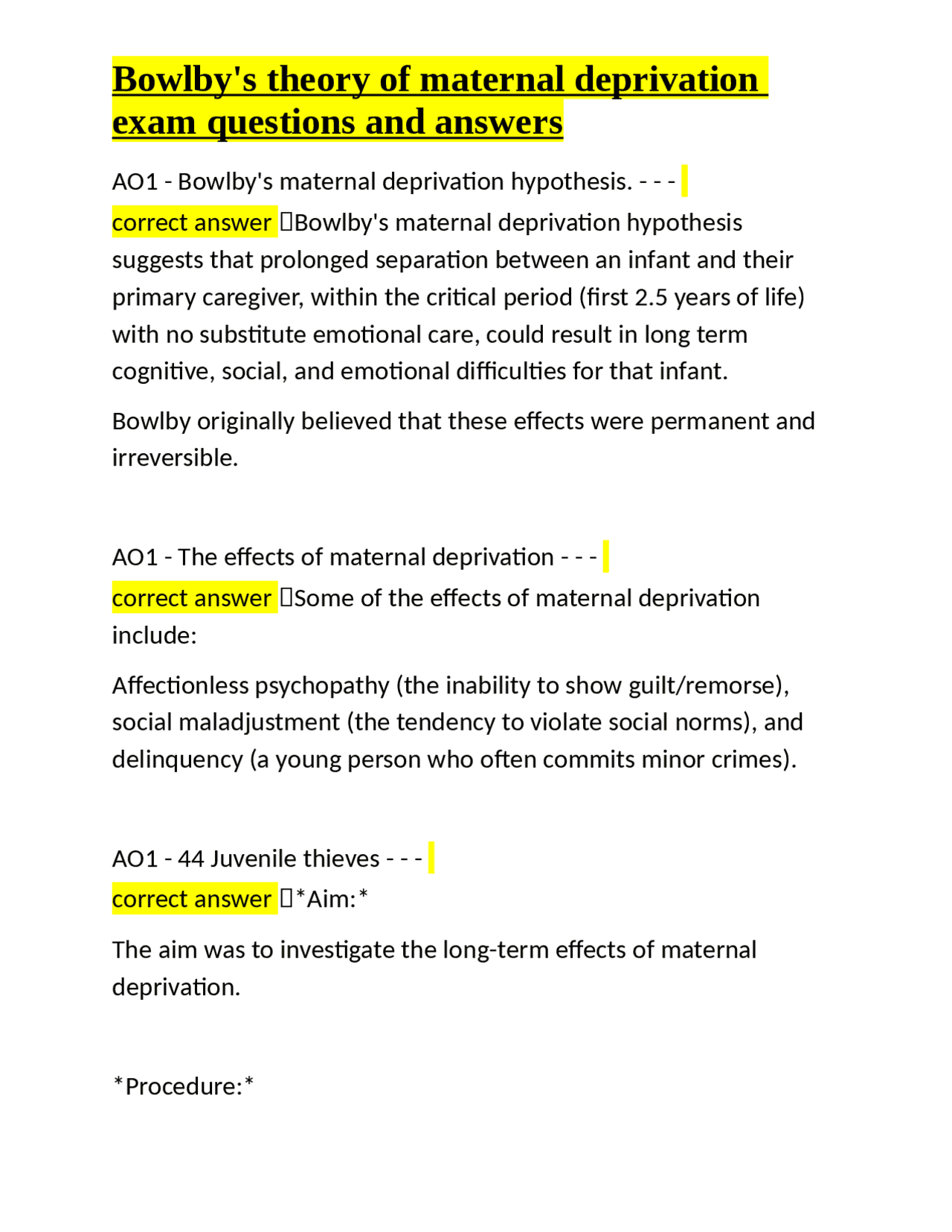 Bowlby's Maternal Deprivation Theory: Exam Questions and Answers ...