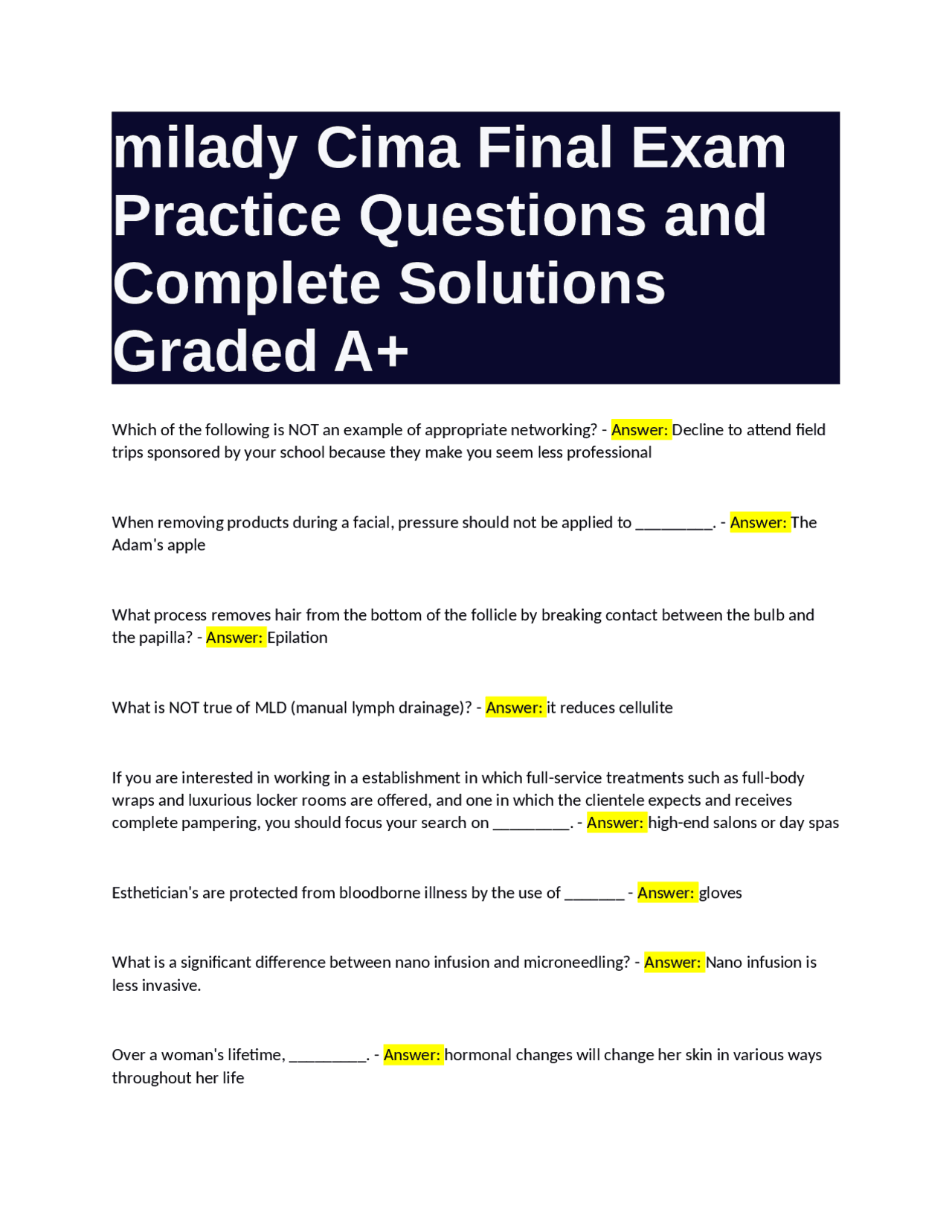 milady Cima Final Exam Practice Questions and Complete Solutions Graded ...