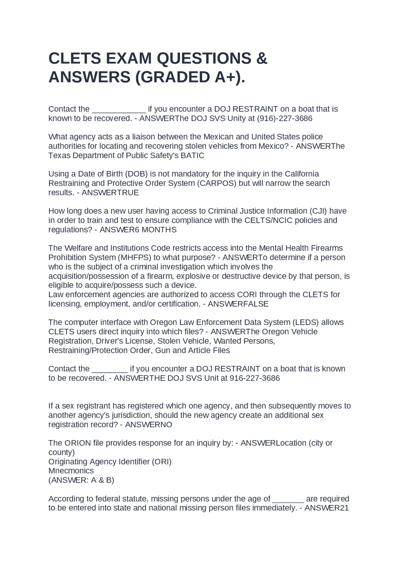 CLETS EXAM QUESTIONS & ANSWERS (GRADED A+). | Exams Commercial Law ...