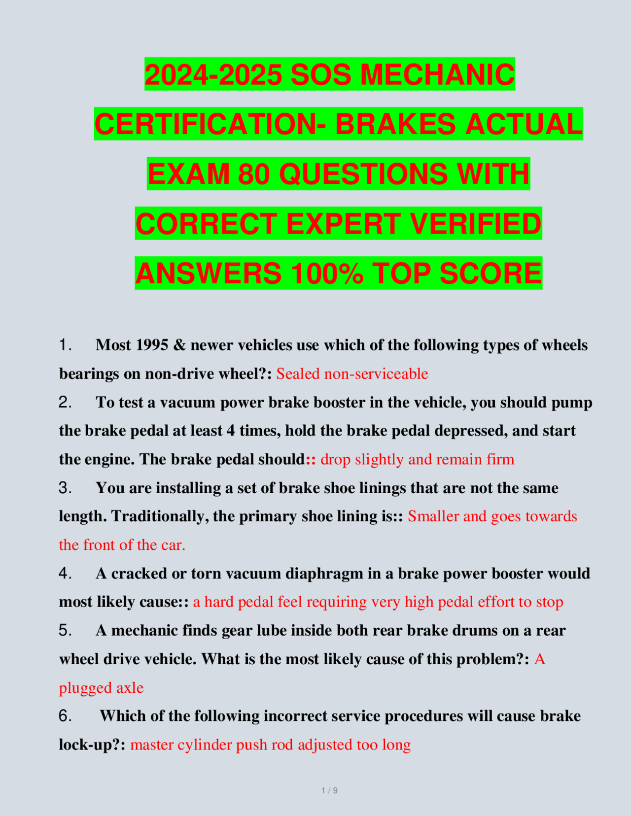 2024-2025 SOS MECHANIC CERTIFICATION- BRAKES ACTUAL EXAM 80 QUESTIONS ...