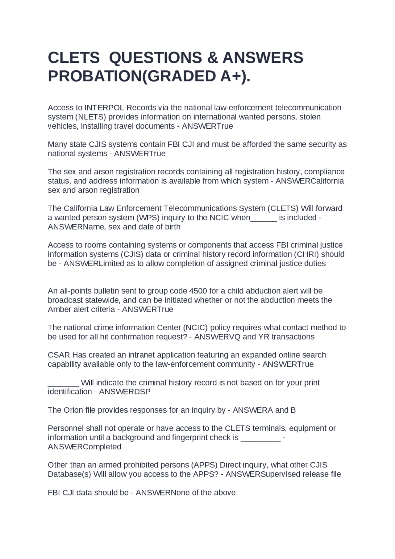 CLETS QUESTIONS & ANSWERS PROBATION(GRADED A+). | Exams Commercial Law ...