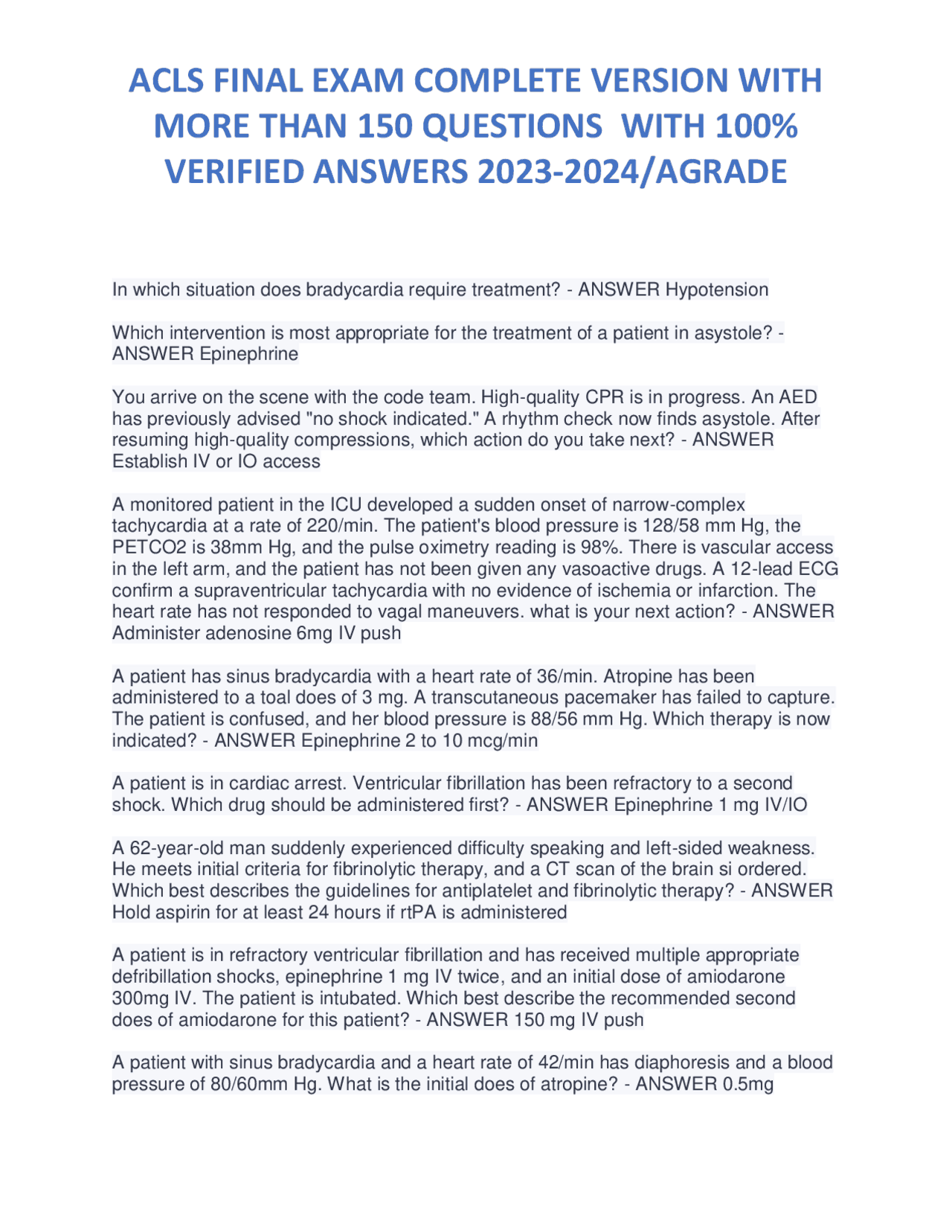 ACLS Final Exam: Comprehensive Questions and Answers for 2023-2024 ...
