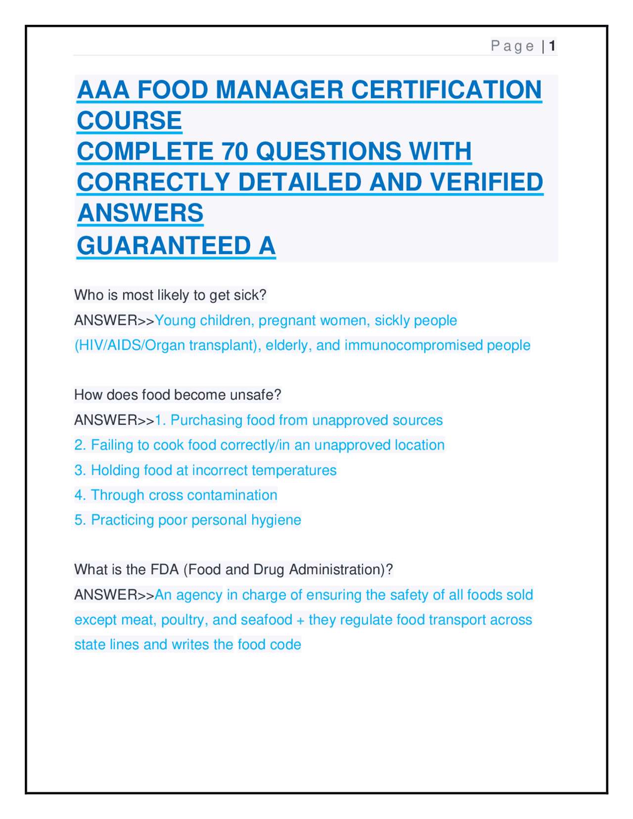 AAA FOOD MANAGER CERTIFICATION COURSE COMPLETE 70 QUESTIONS WITH ...